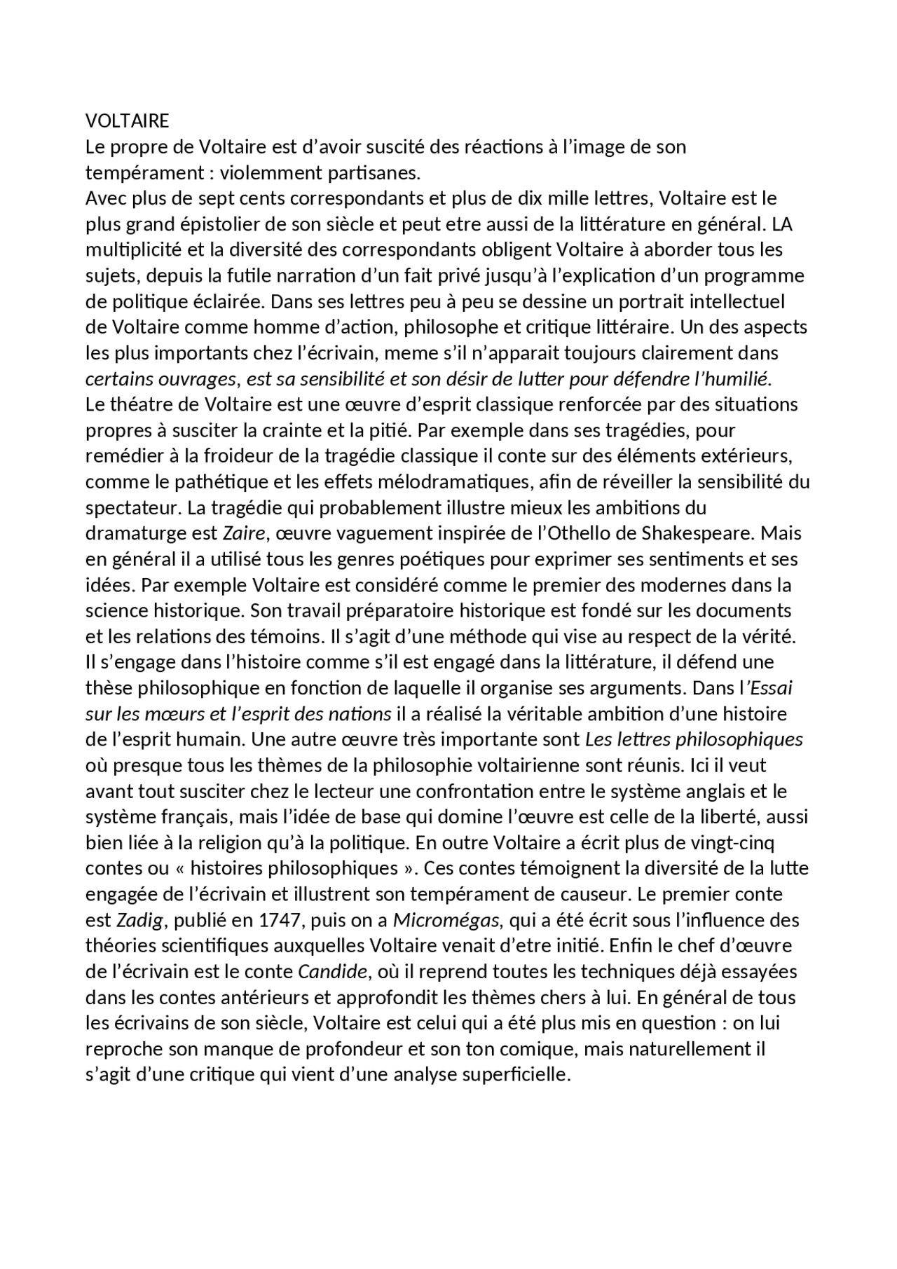 Riassunto Voltaire Opere Docsity