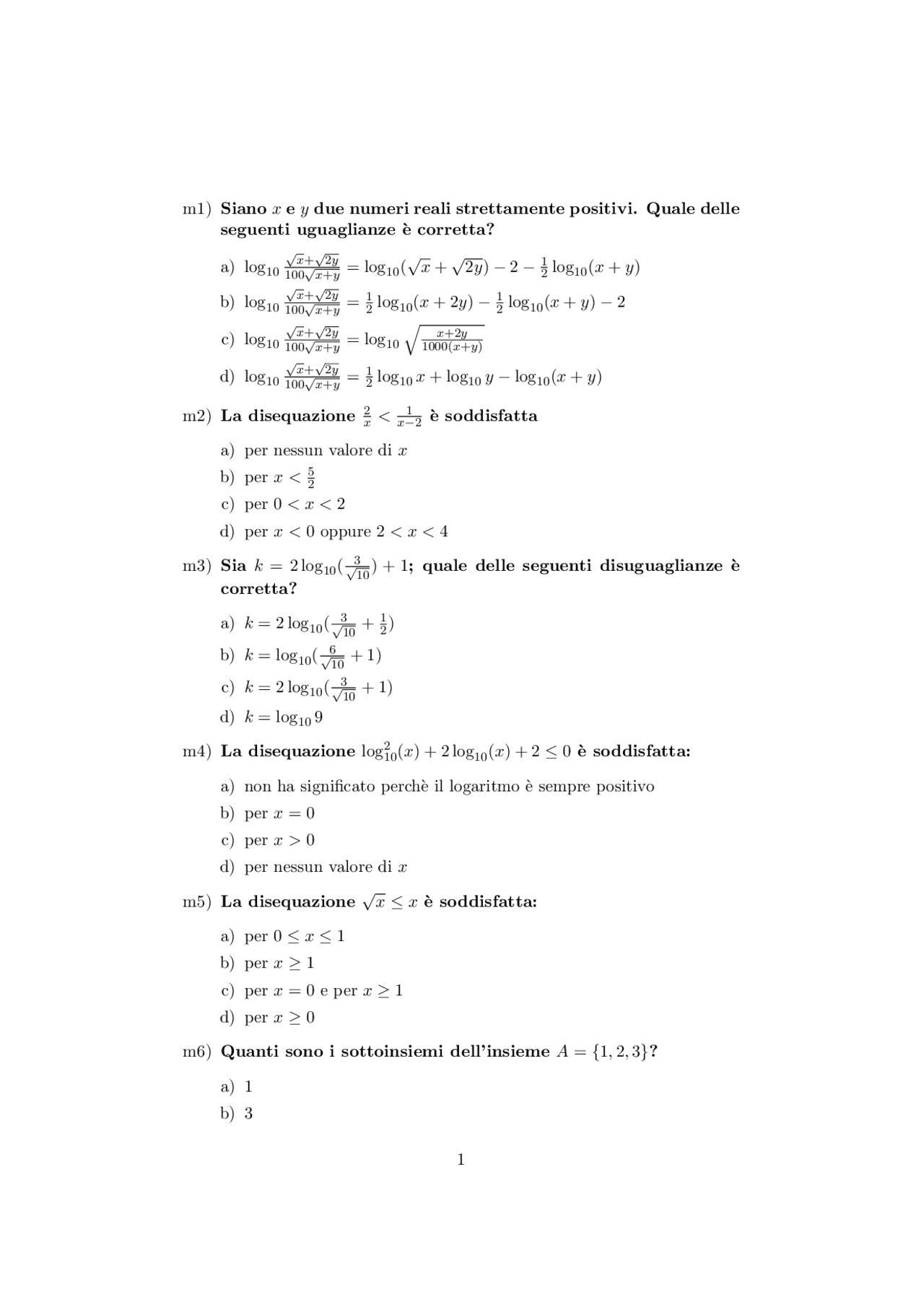 Quiz Domande Chiuse Di Matematica Per Test Di Ammissione Unitus Docsity