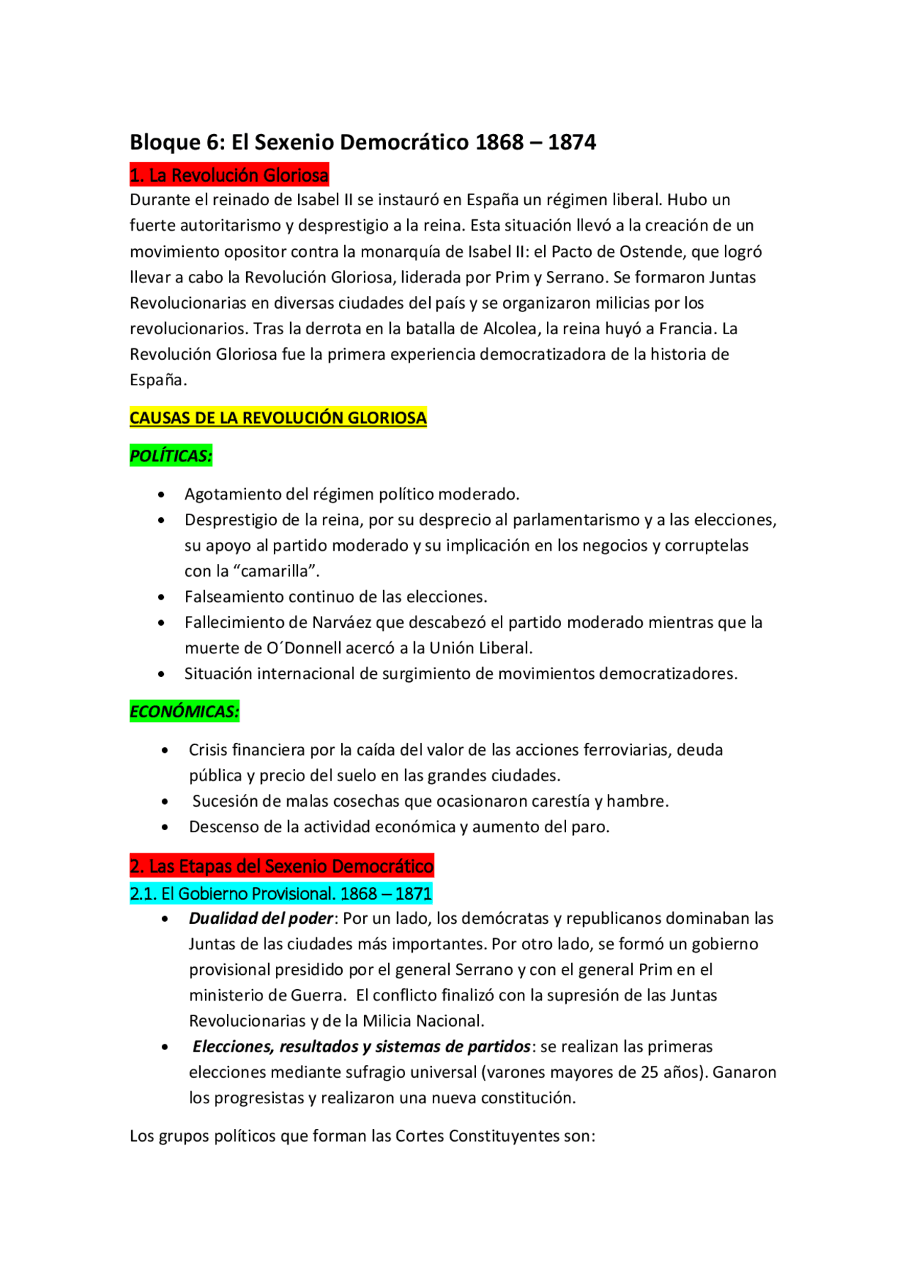 El sexenio democrático - Docsity