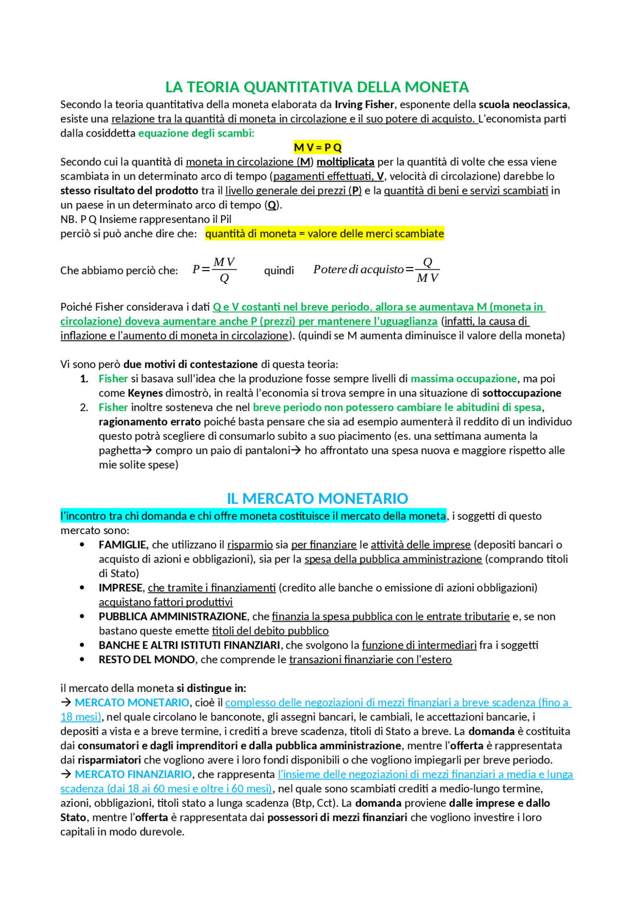 Teoria Quantitativa Della Moneta E Inflazione Docsity