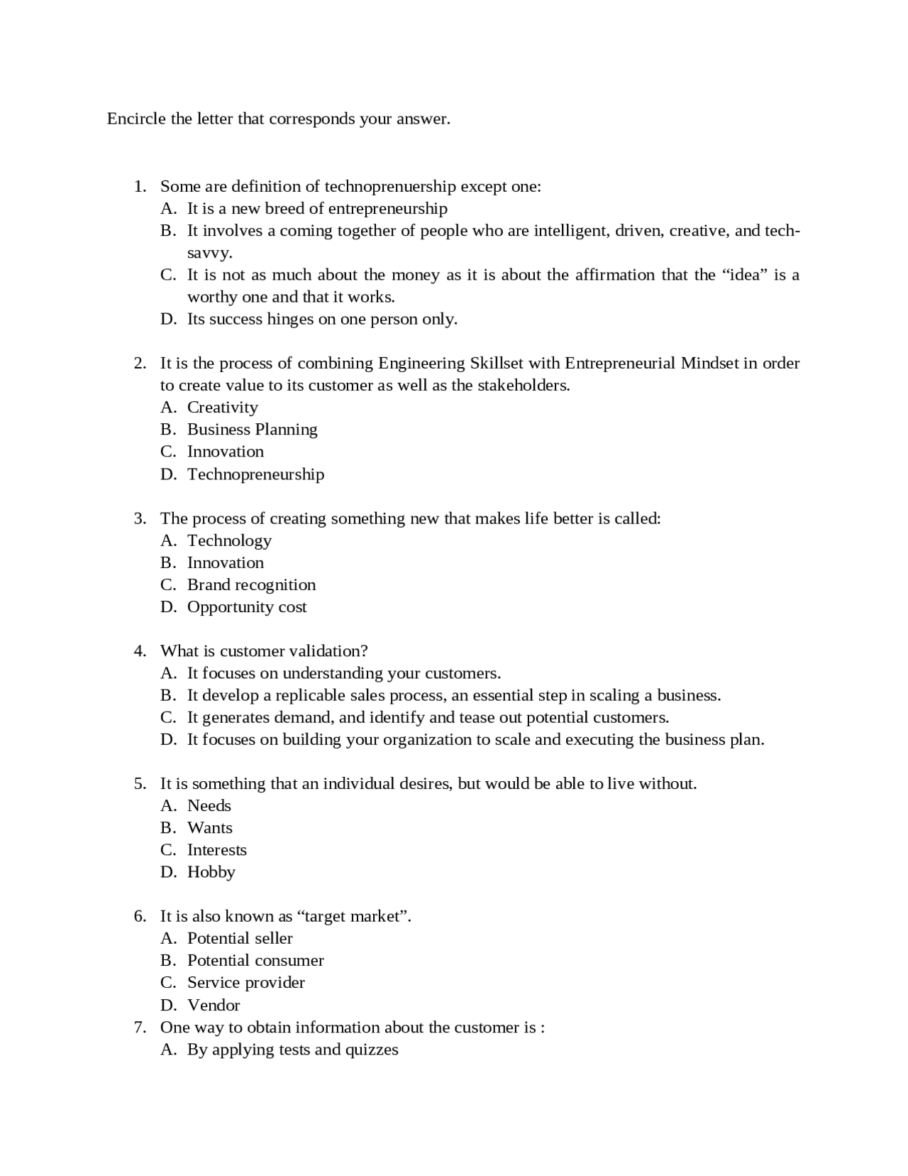 Possible questions and answers key about entrepreneurship - Docsity