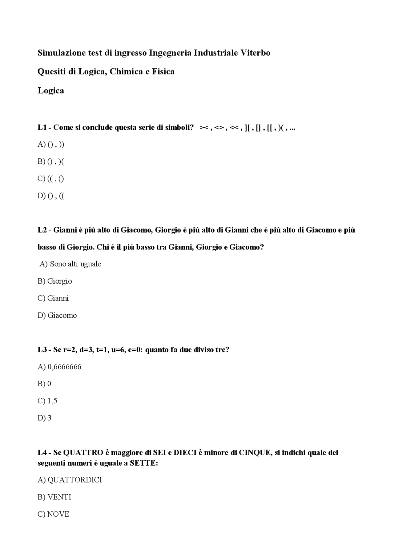 Simulazione Test Di Ammissione Di Logica Chimica E Fisica Unitus