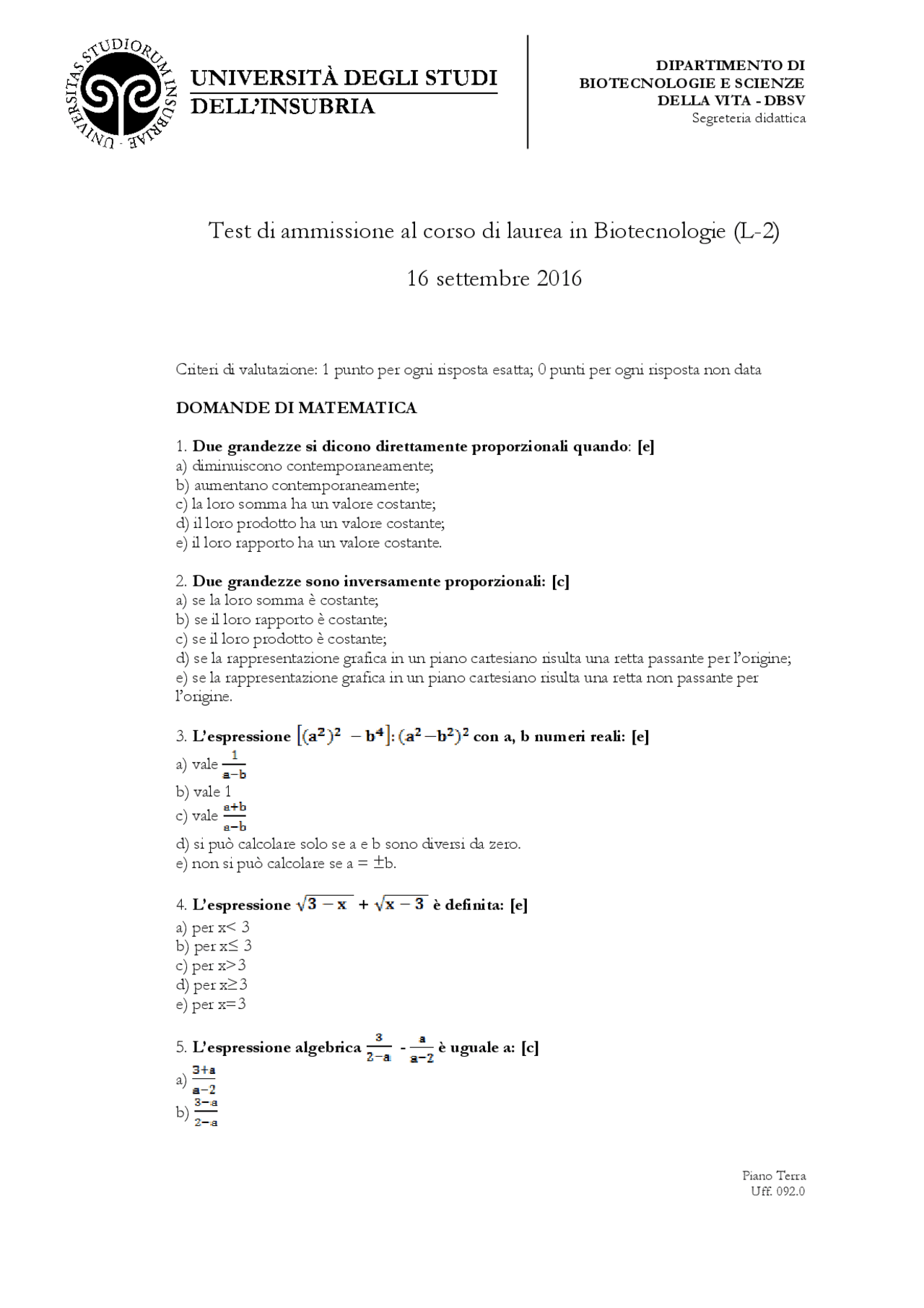 Test Di Ammissione Al Corso Di Laurea In Biotecnologie L 2 2016