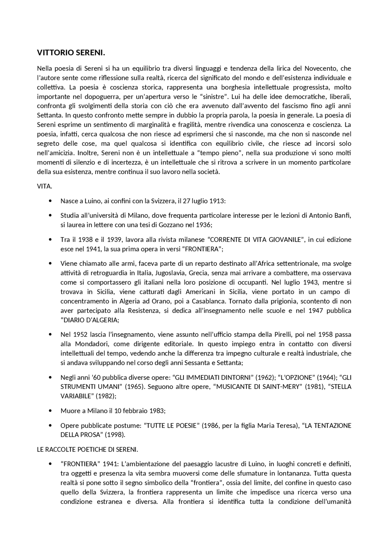 Riassunto Su Vittorio Sereni Docsity