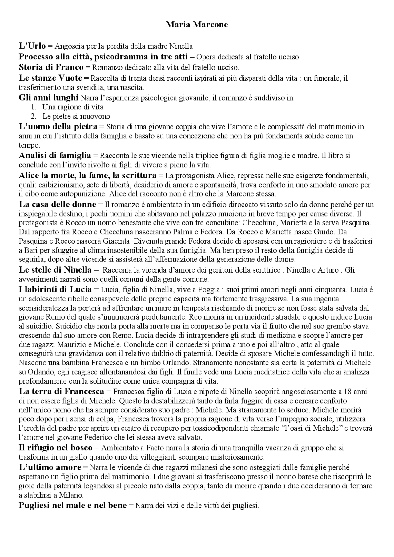 Maria Marcone - Opere principali - Docsity