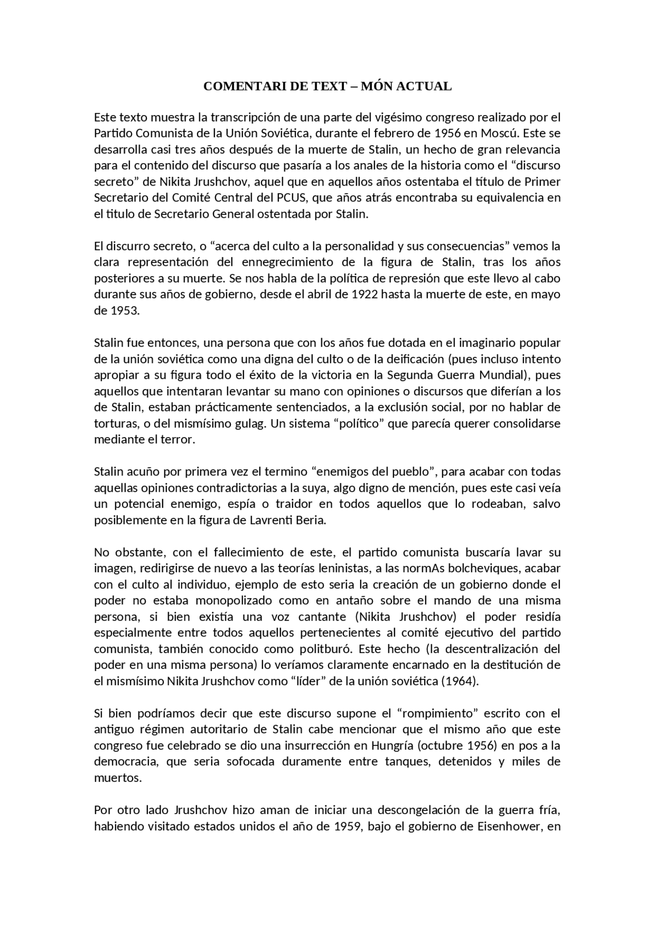 Comentari de text - món actual - Docsity