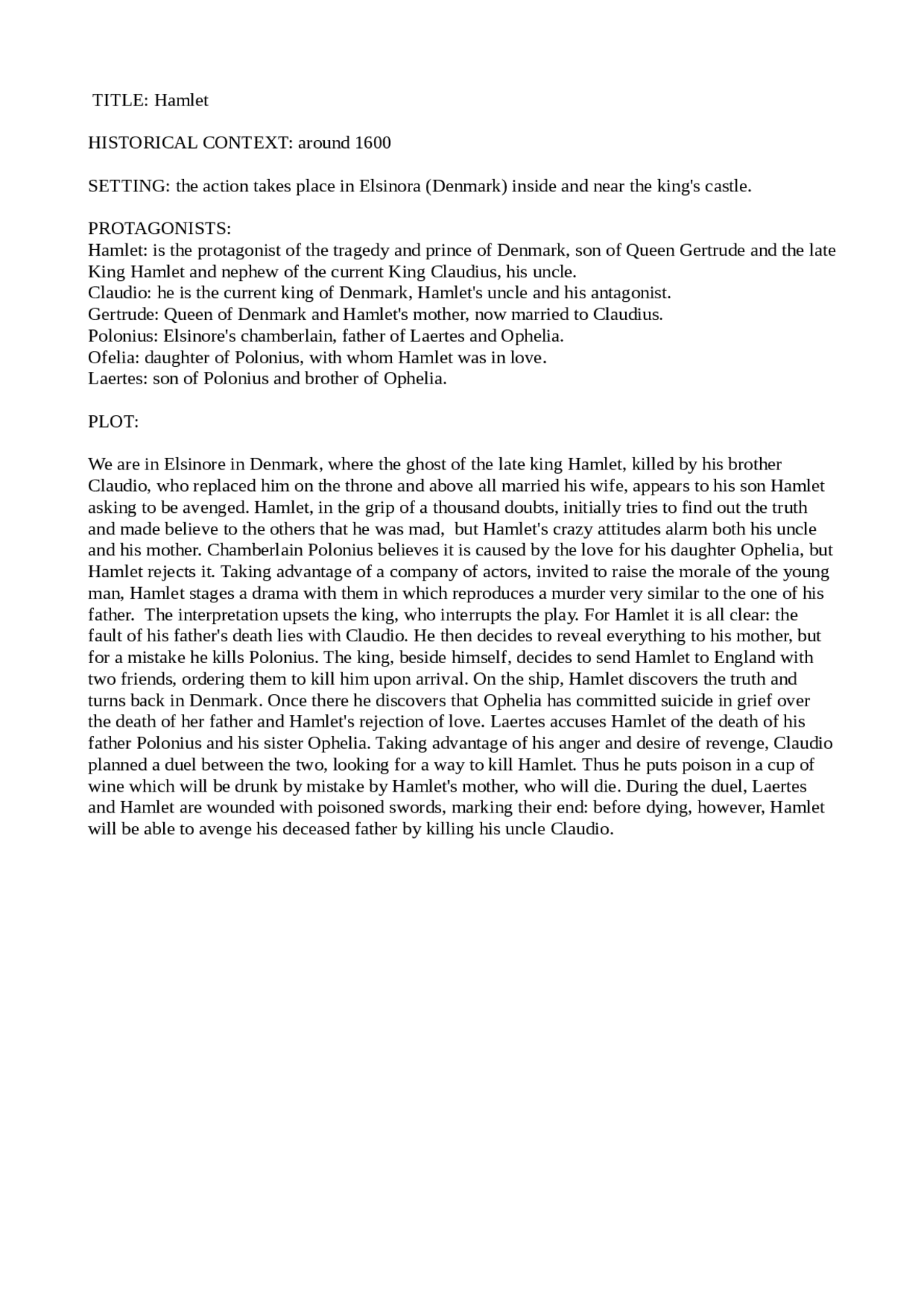 Riassunto Breve Di Hamlet Dispense Di Inglese Docsity