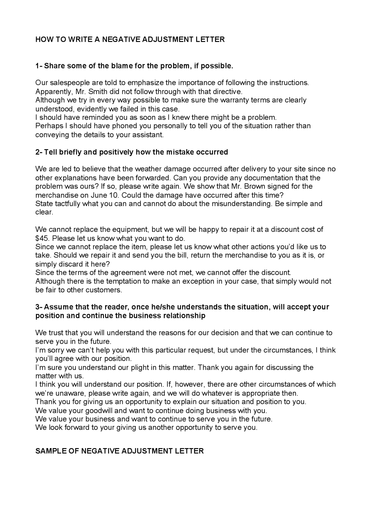 Negative Adjustment Letter | Appunti di Lingua Inglese | Docsity