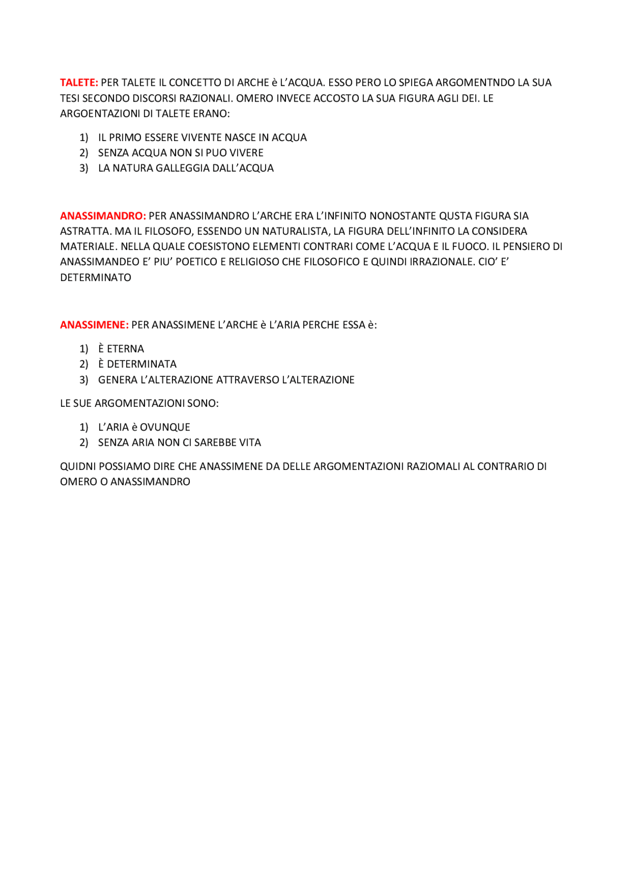 Differenze Tra Talete Anassimandro Anassimene Docsity