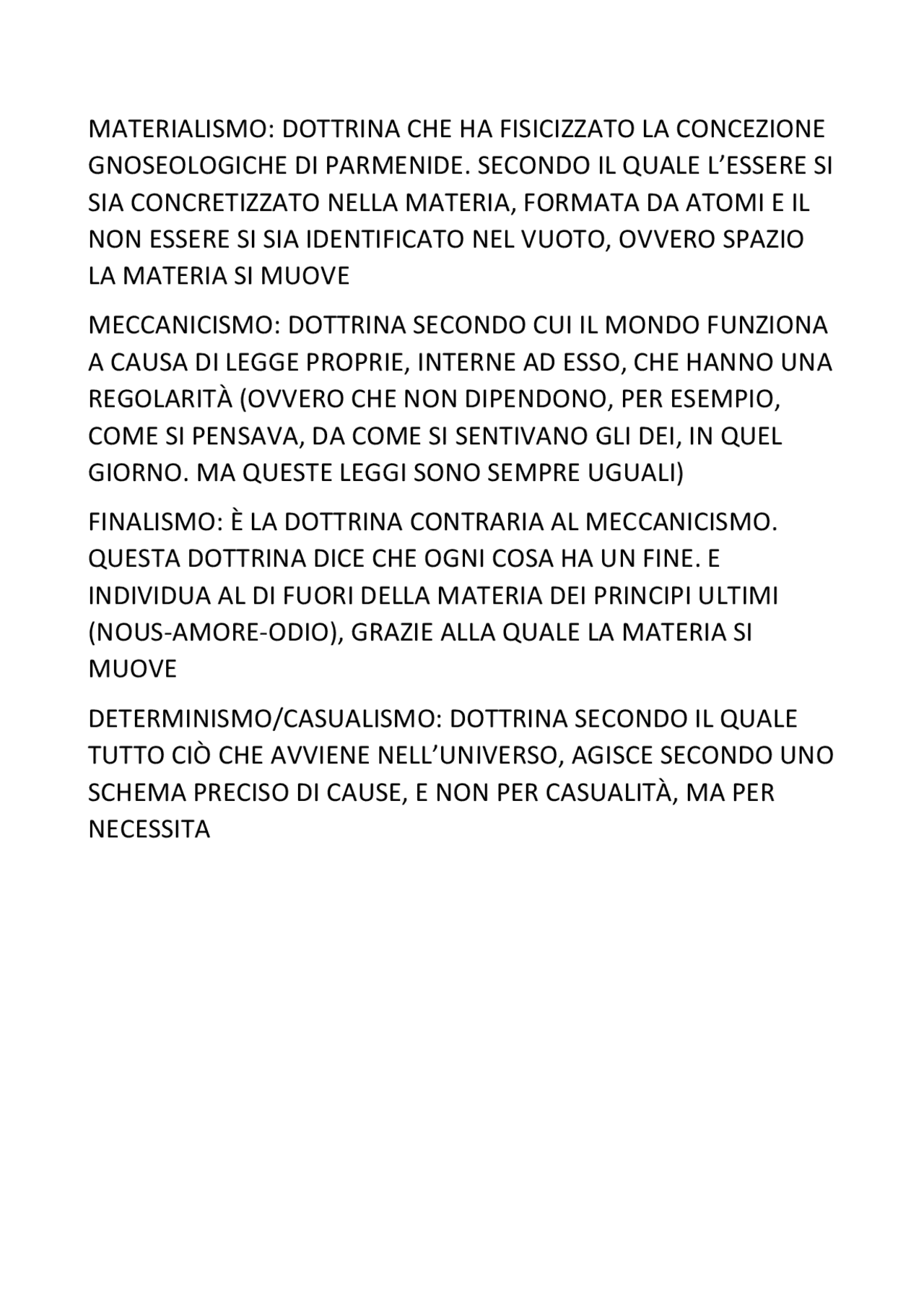 DEFINIZIONE DI MATERIALISMO-MECCANICISMO-FINALISMO-DETERMINISMO - Docsity