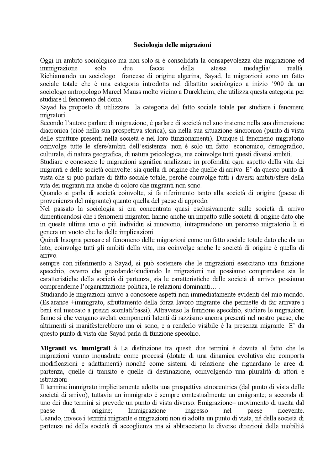 Appunti Sociologia Delle Migrazioni Docsity