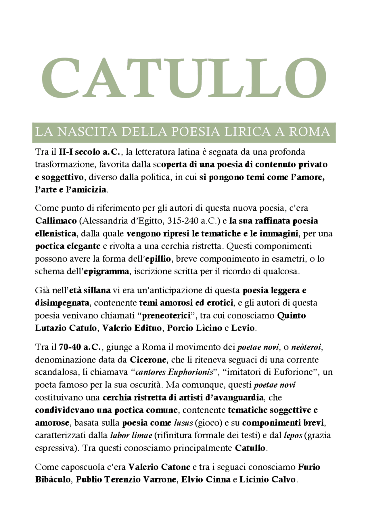 Catullo, vita e opere - Docsity