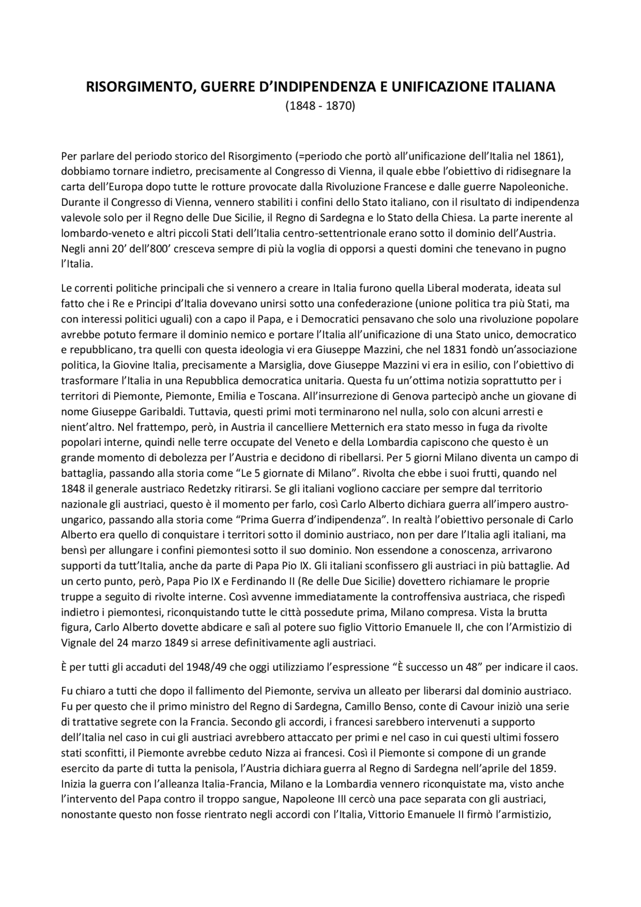 Risorgimento Unità Ditalia Docsity