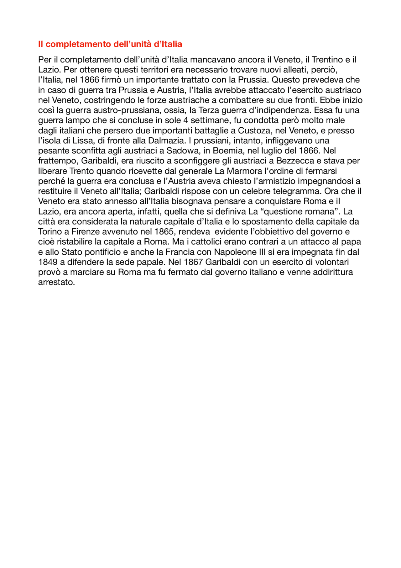 Il completamento dell’unità d’Italia - Docsity