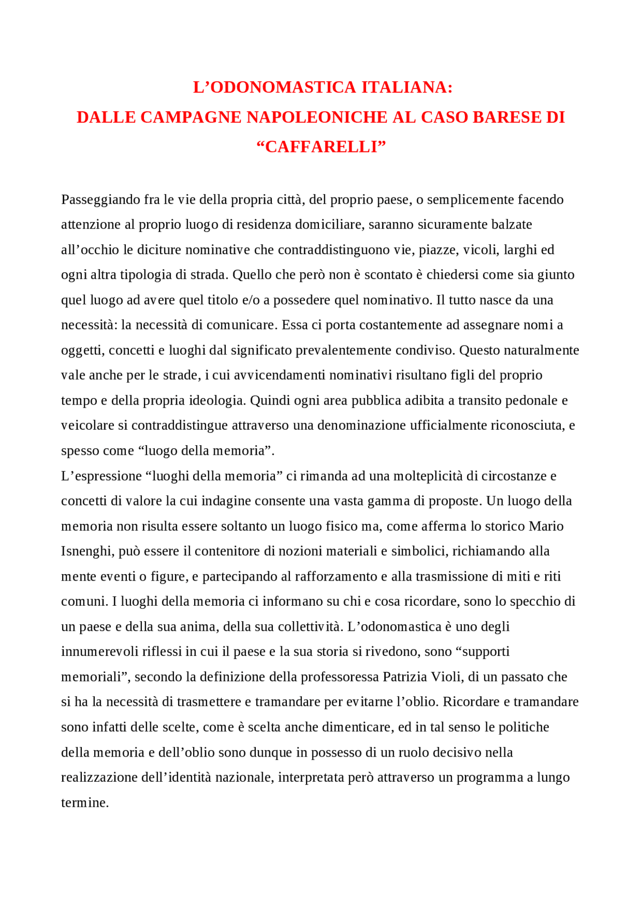 La toponomastica in Italia e a Bari - Docsity