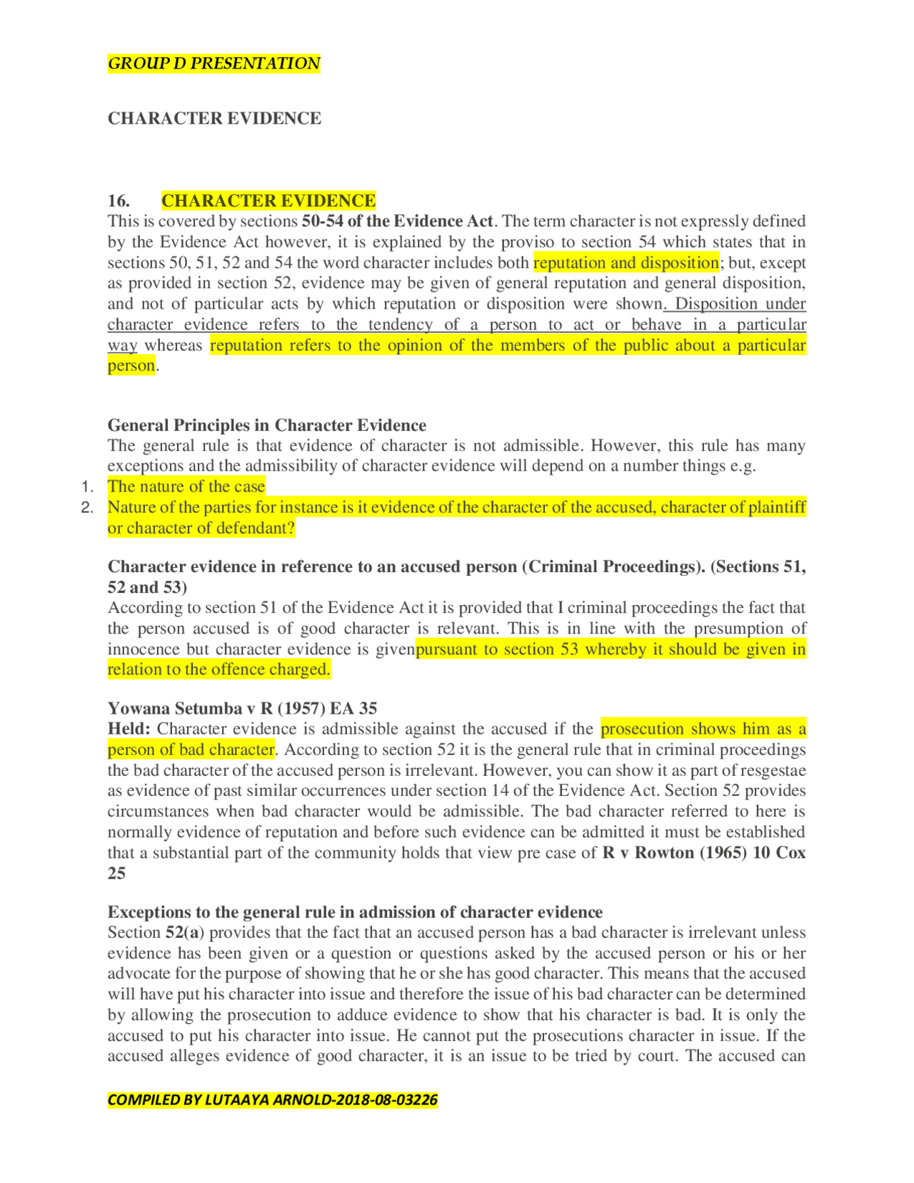 Evidence of character - Docsity
