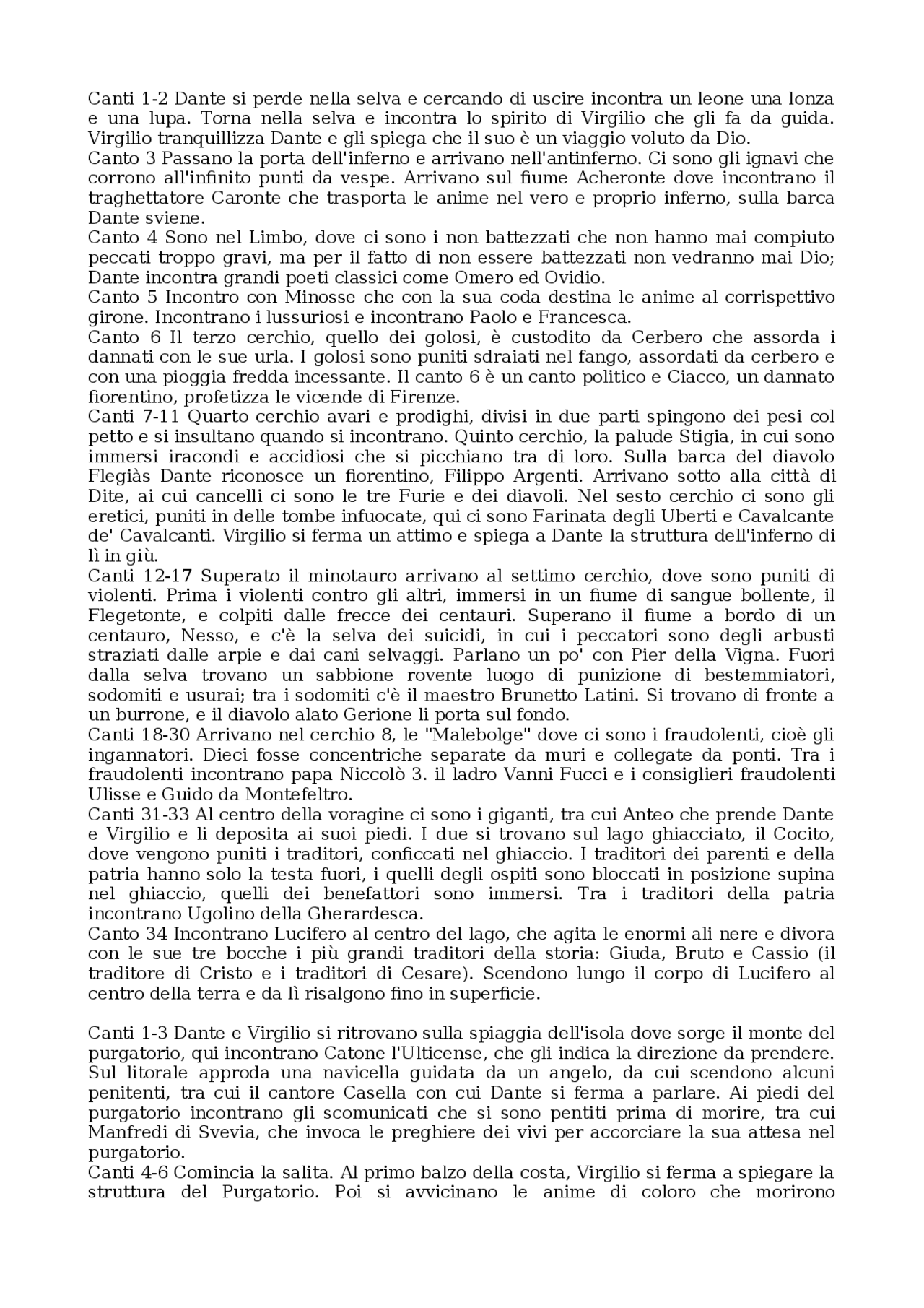 Divina Commedia Canti Riassunto Docsity