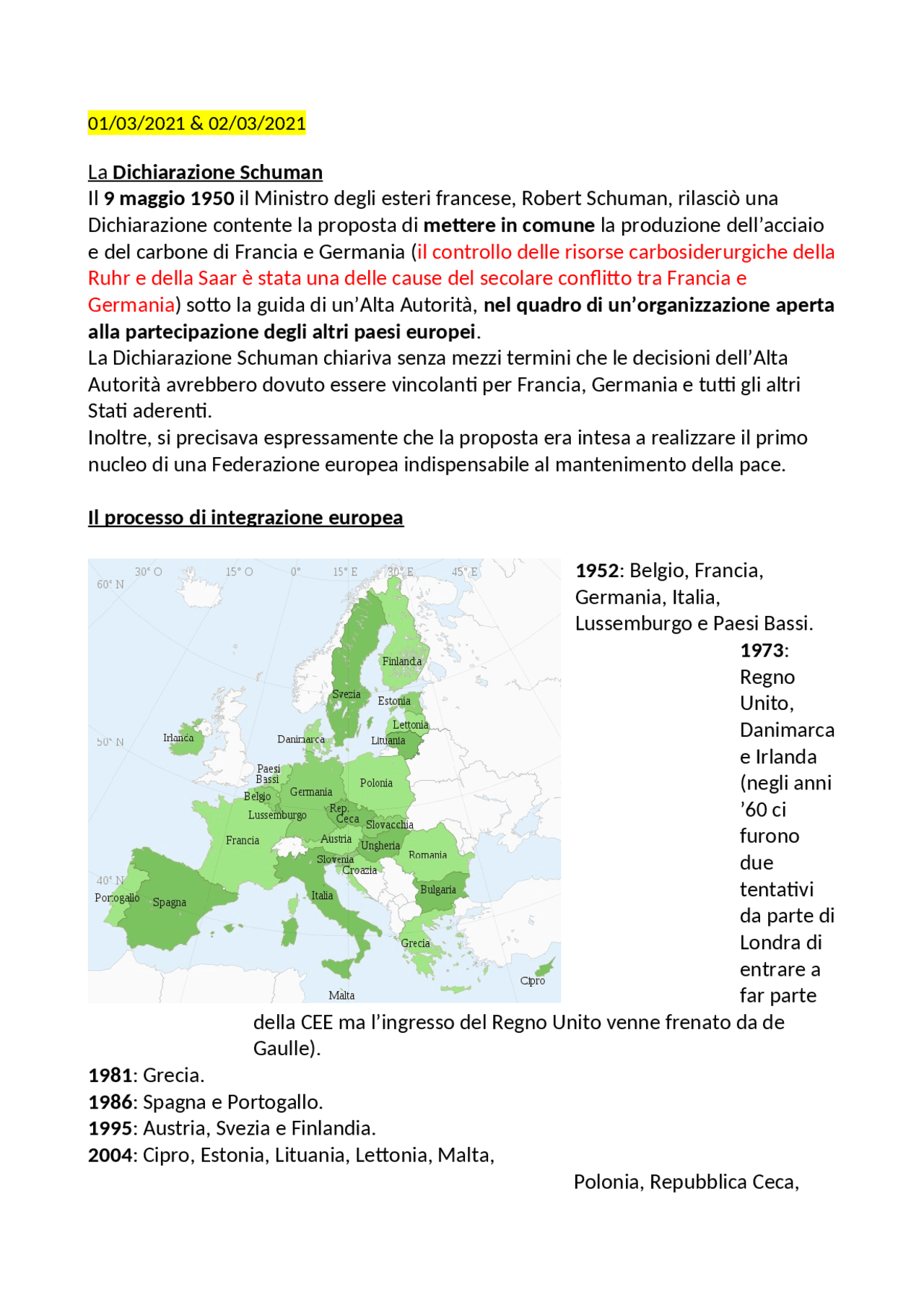 Il processo di integrazione europea - Docsity