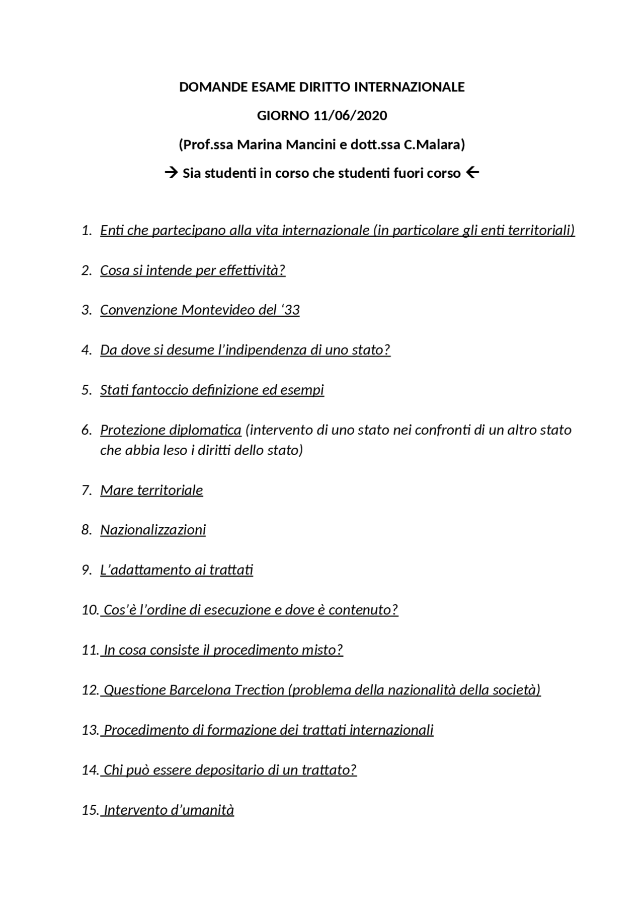 Domande esame diritto internazionle | Prove d'esame di Diritto Internazionale | Docsity