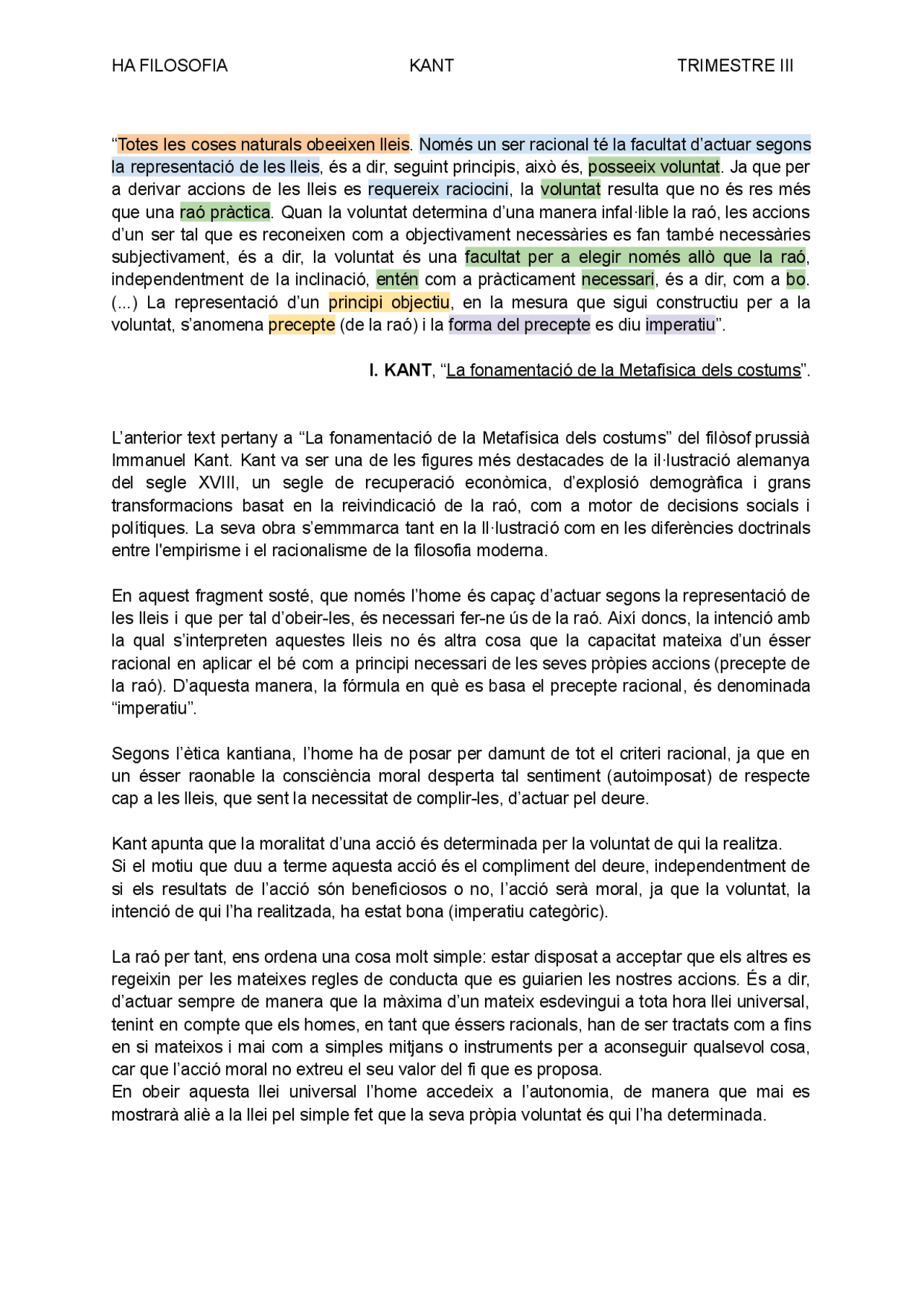 Comentari Kant - La fonamentació de la Metafísica dels costums | Ejercicios de Historia de la ...