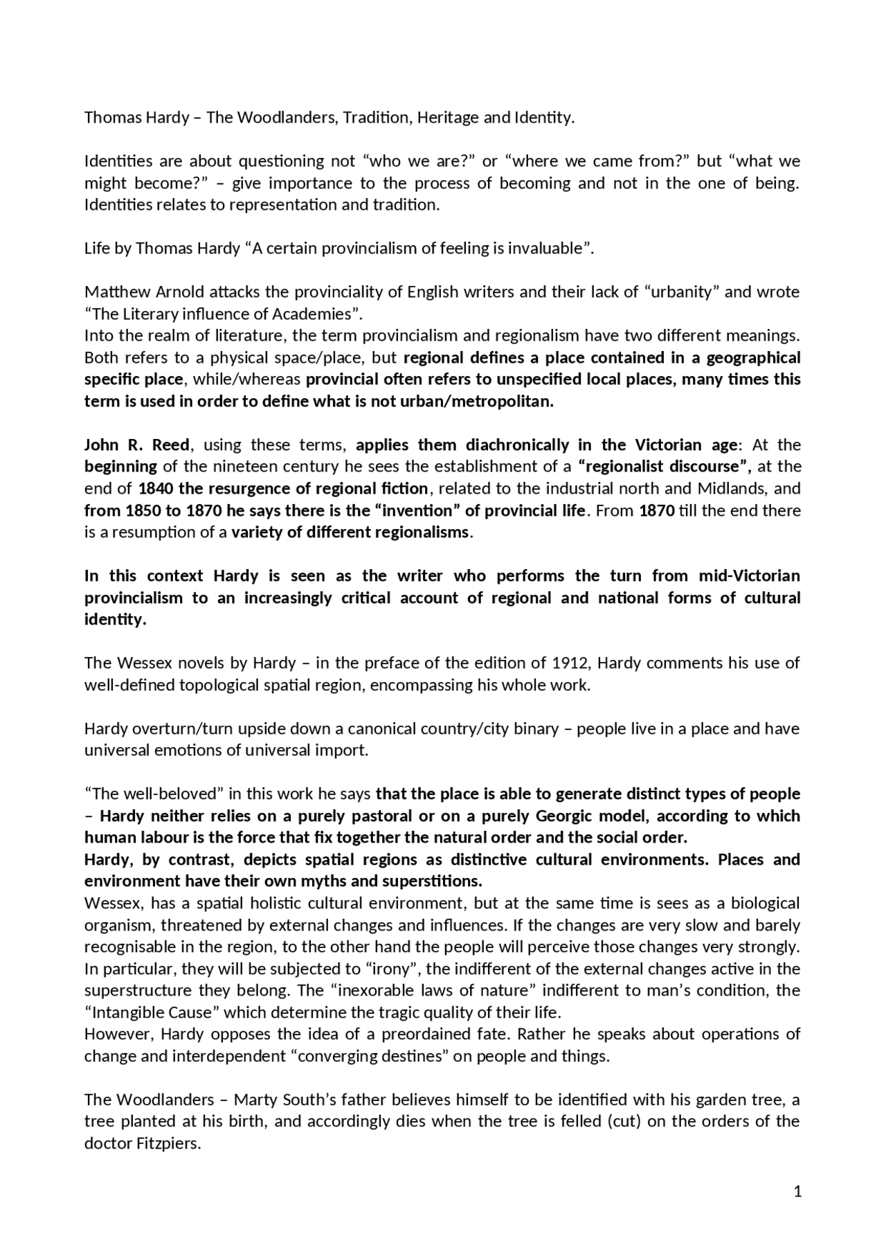 Thomas Hardy – The Woodlanders, Tradition, Heritage and Identity. - Docsity