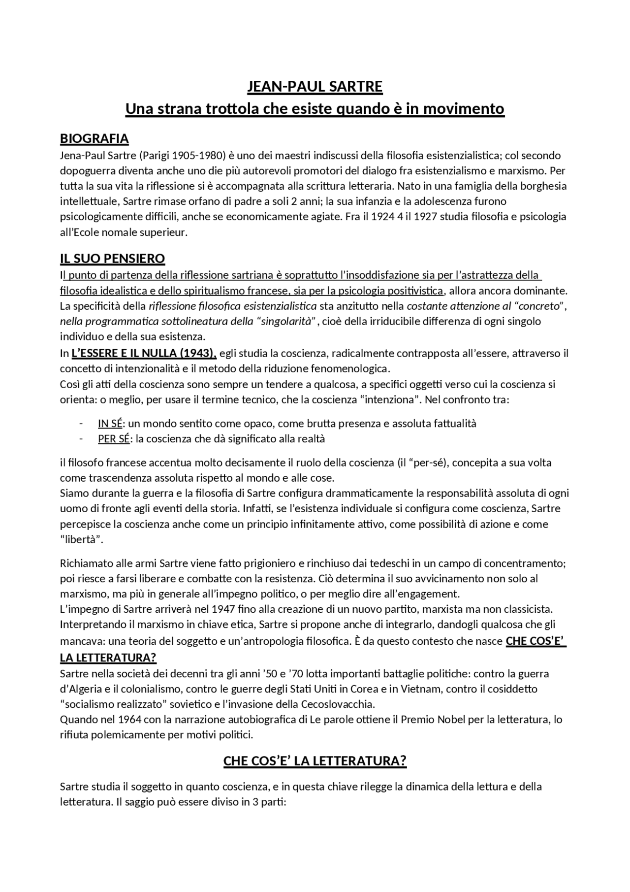 JEAN-PAUL SARTRE- Critica, letteratura e società, Turchetta | Dispense ...