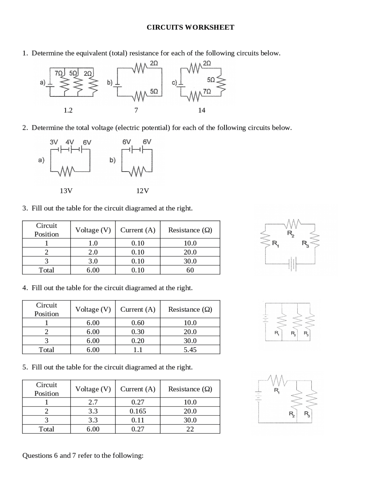 Circuits Worksheet Assignments Physics Docsity