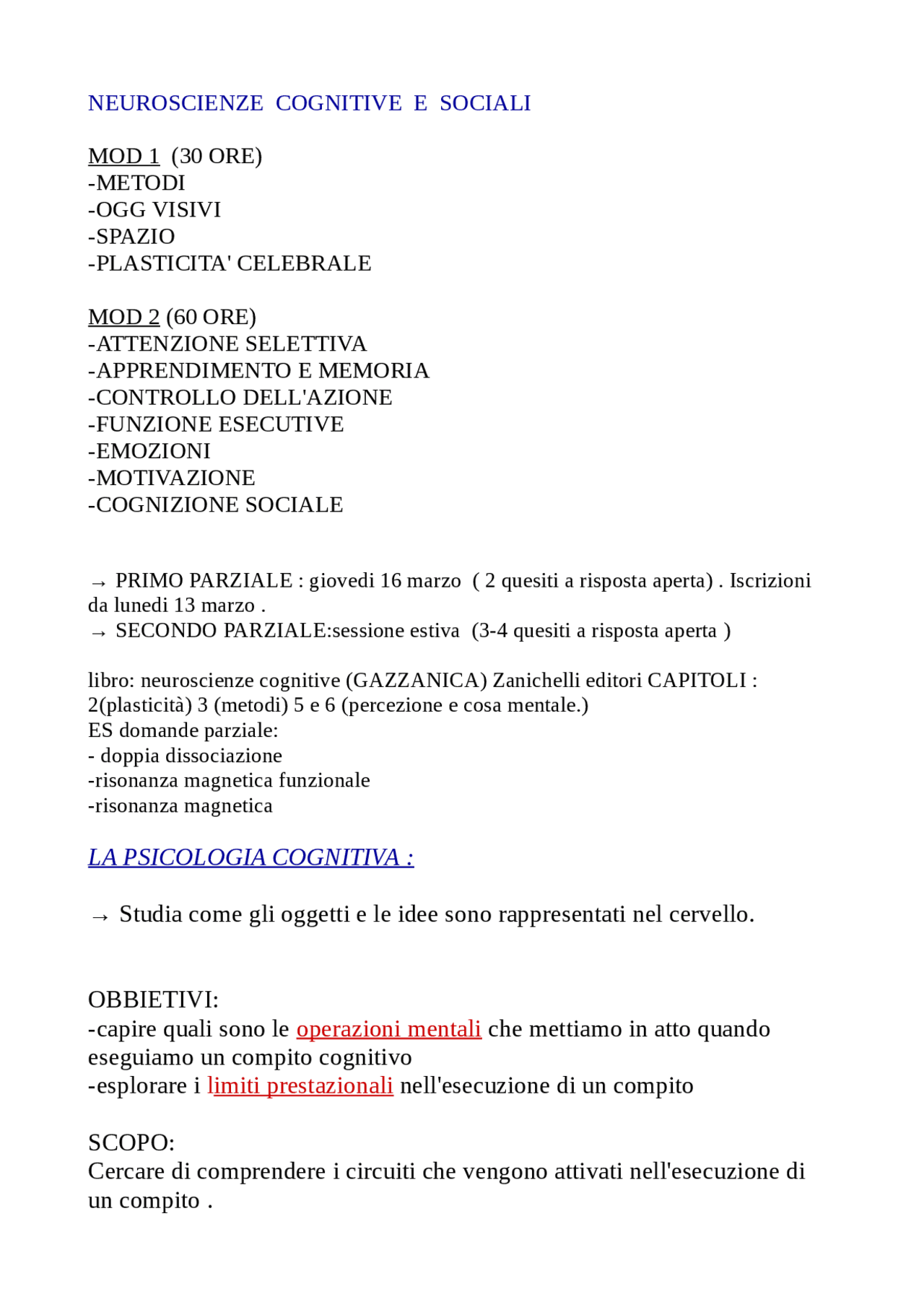 Neuroscienze Cognitive Docsity