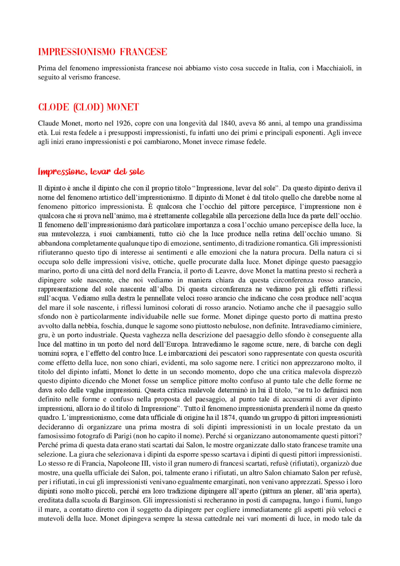 Impressionismo Artistico Appunti Di Arte E Territorio Docsity