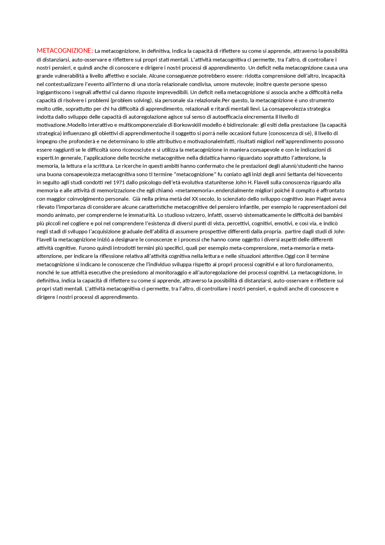 Appunti Metacognizione Docsity