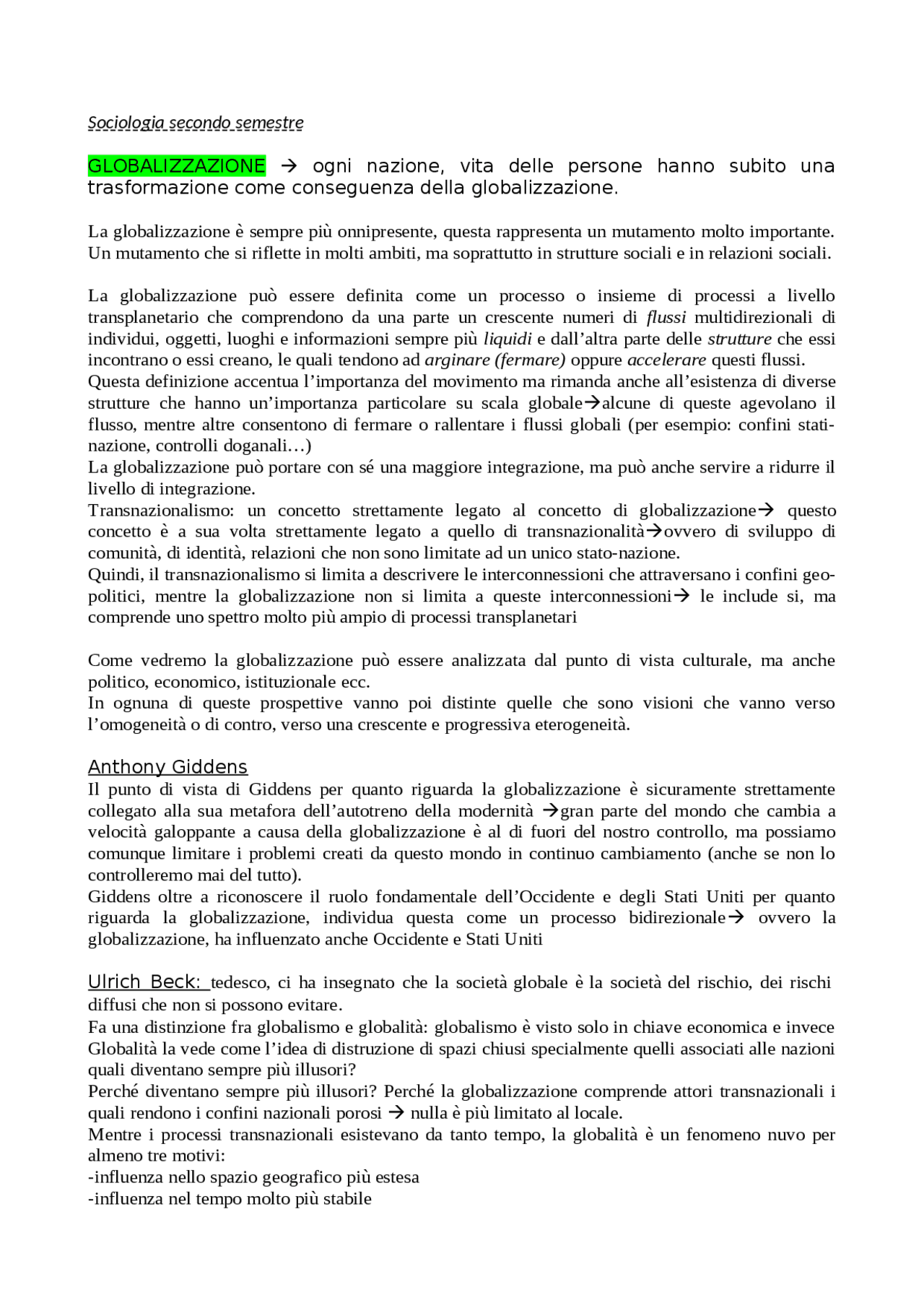 Sociologia Secondo Semestre Docsity