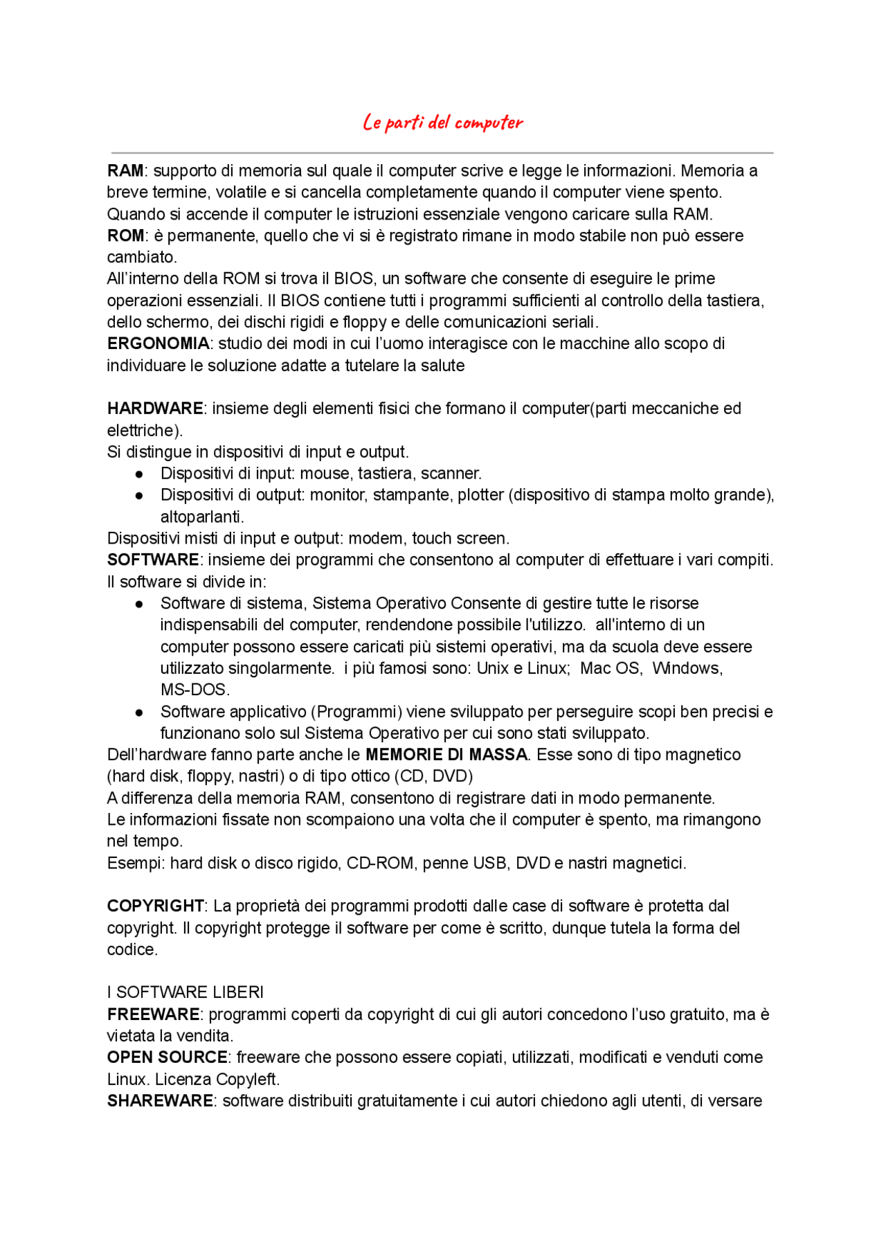 Le componenti di un computer - Docsity
