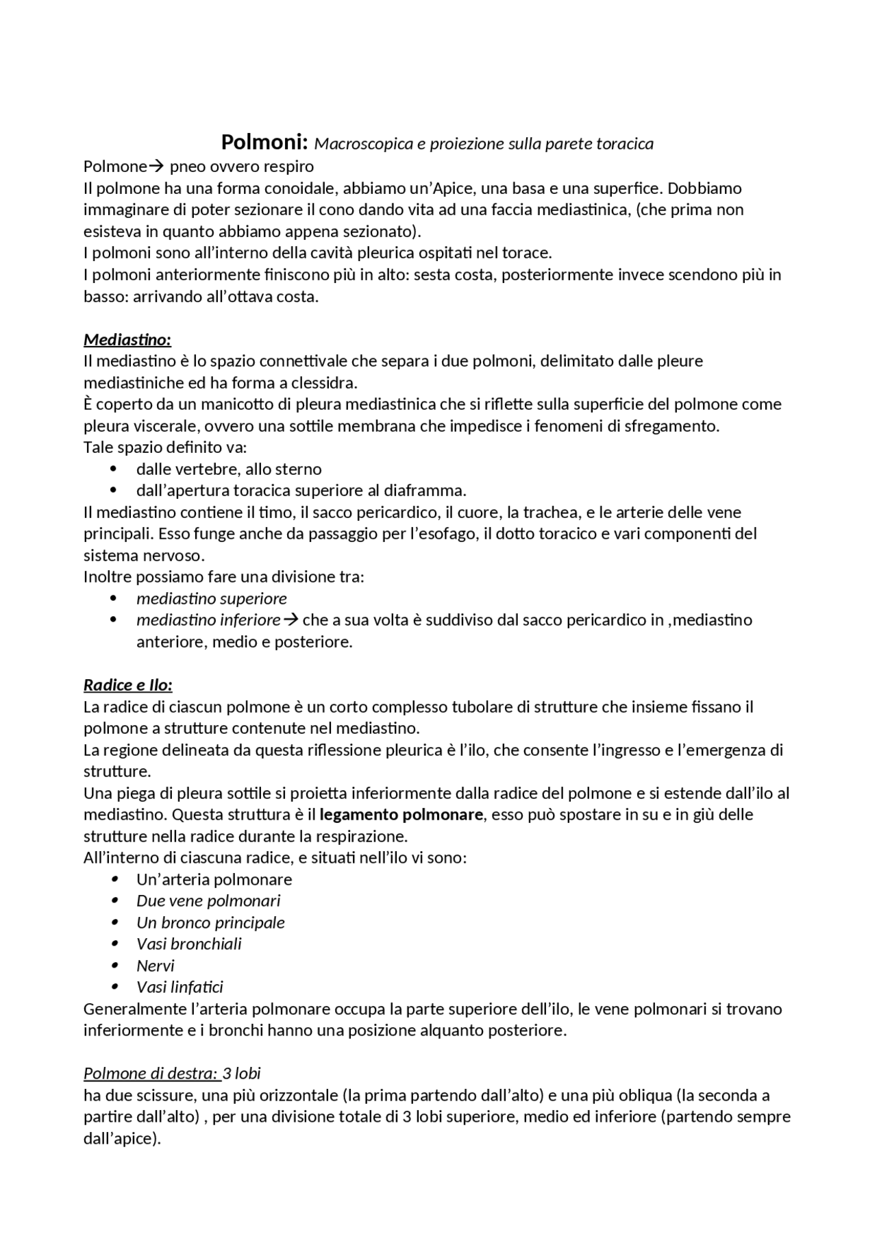 Polmoni, Struttura, Cavità Pleurica, Bronchi, Ilo polmonare - Docsity