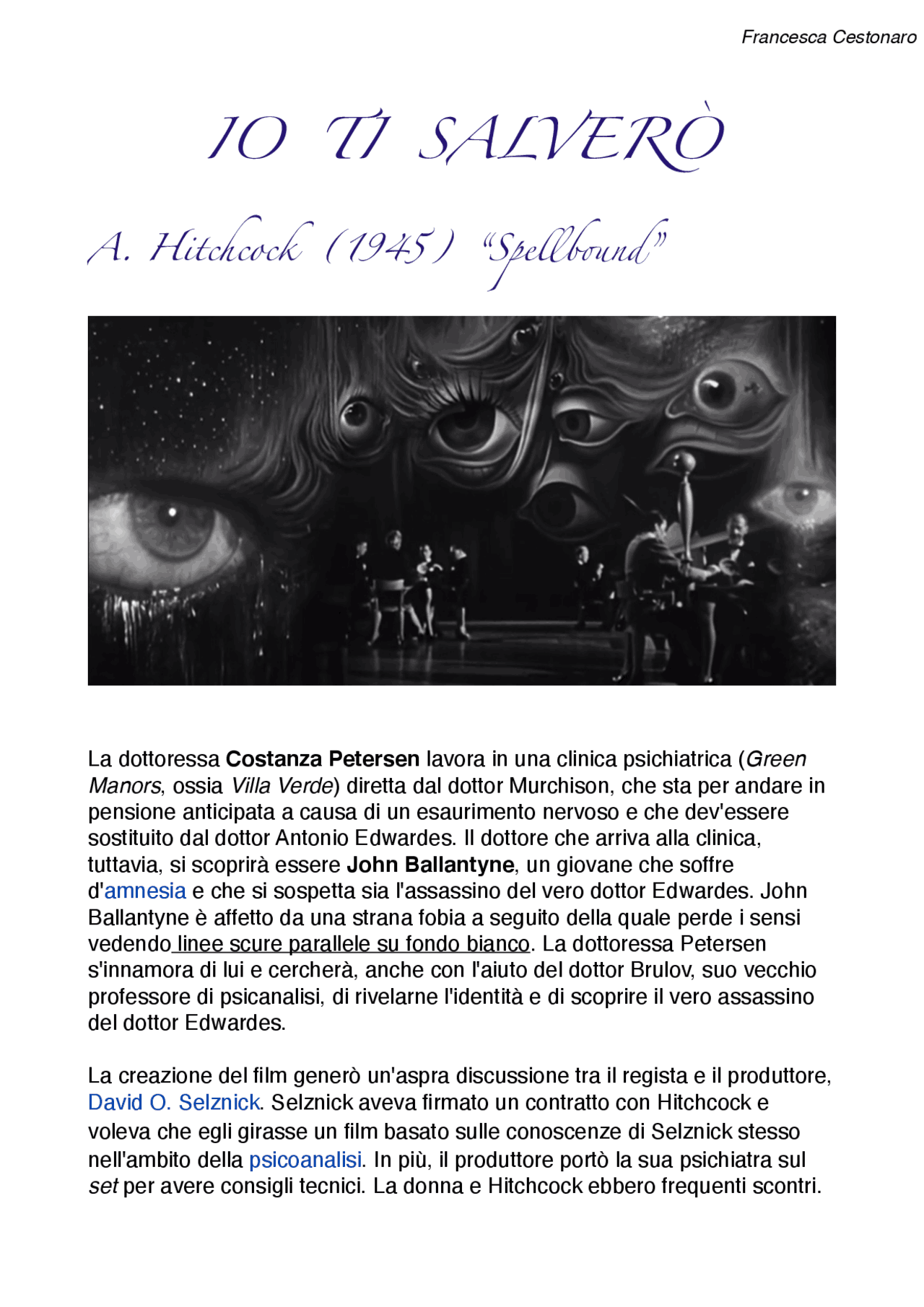 Analisi Io Ti Salverò Di A Hitchcock Docsity