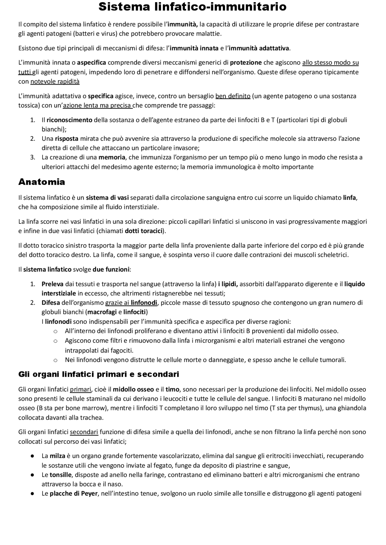 Sistema Linfatico Immunitario Docsity