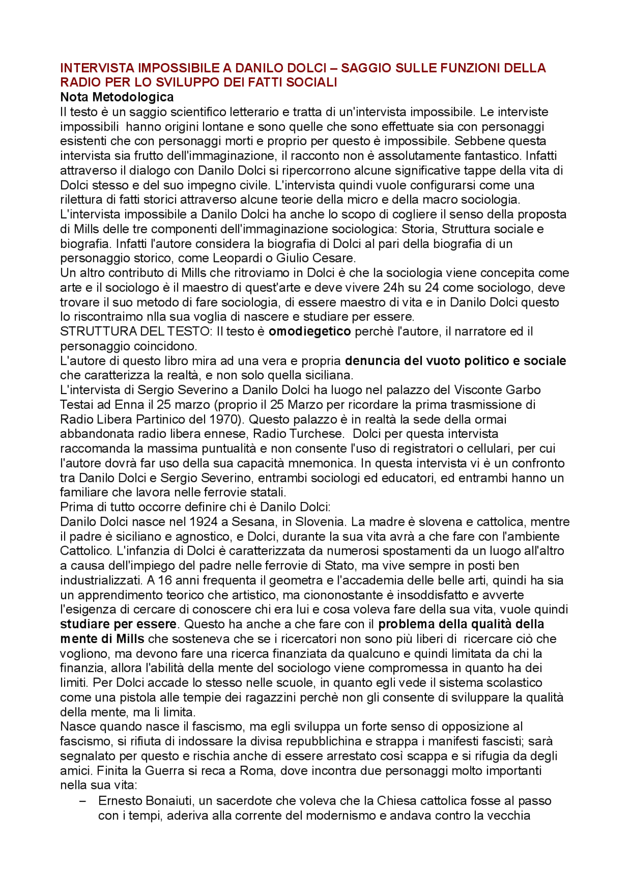 Riassunto Intervista Impossibile A Danilo Dolci Docsity