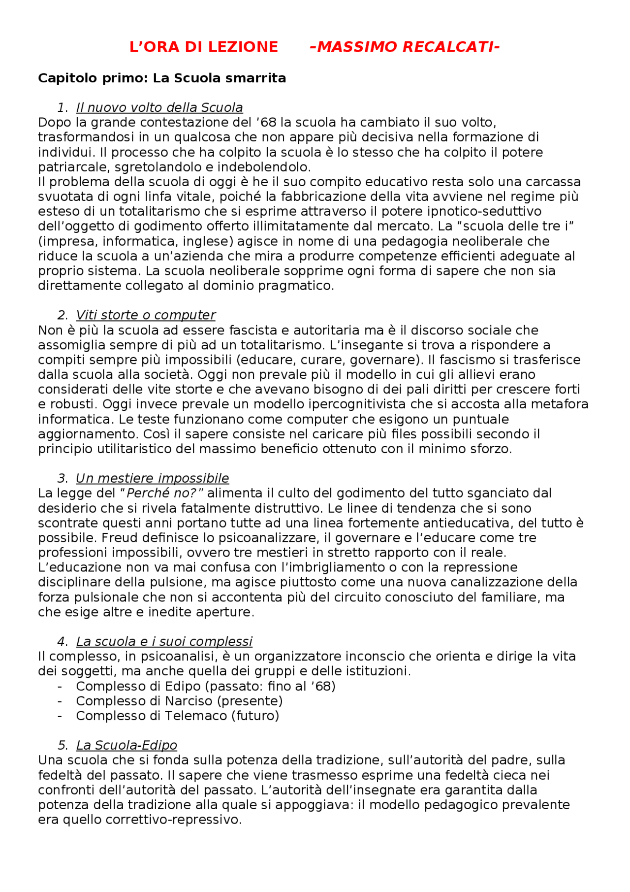 Lora Di Lezione Di Massimo Recalcati Docsity