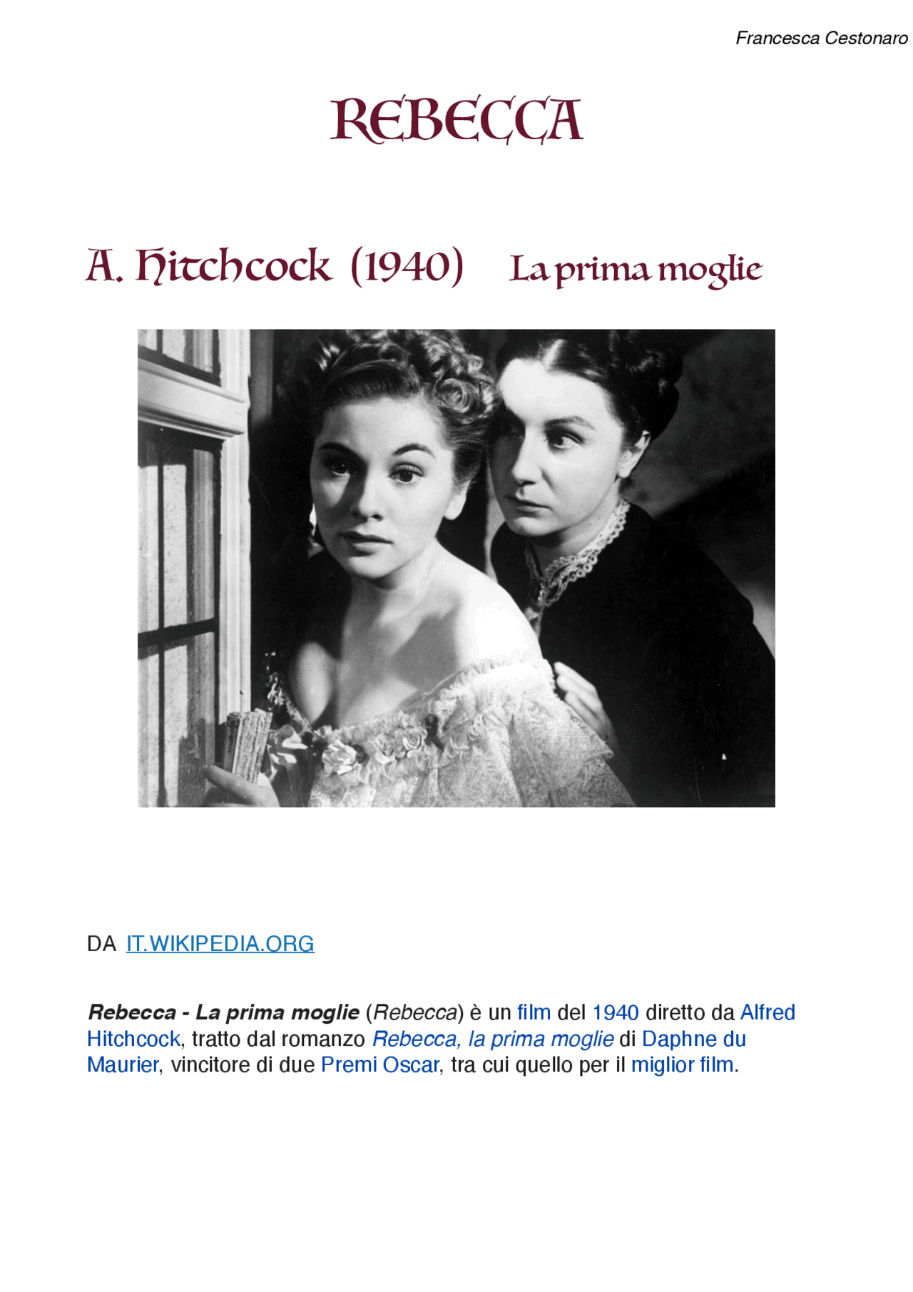 Analisi Rebecca Di A Hitchcock Docsity