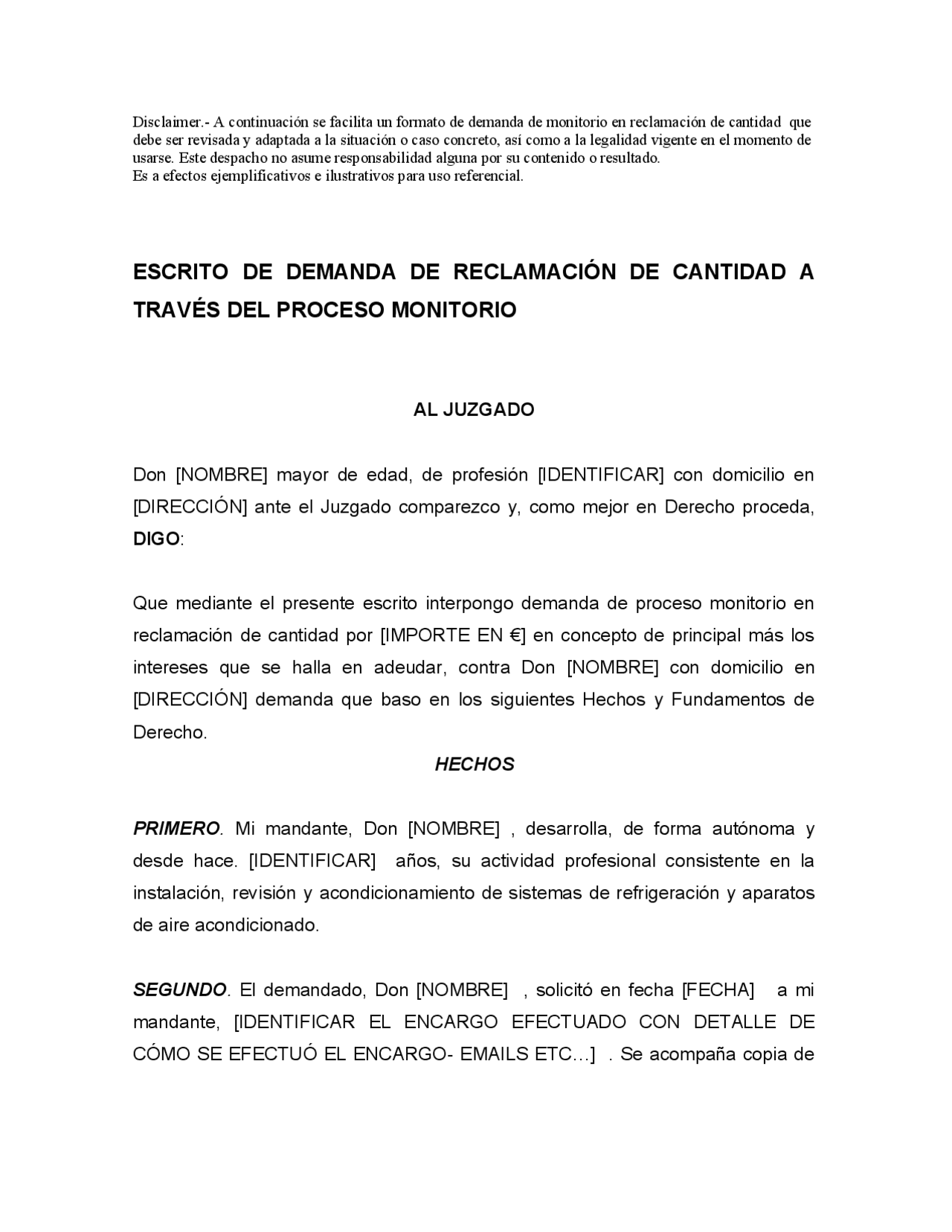 ESCRITO DE DEMANDA DE RECLAMACIÓN DE CANTIDAD - Docsity