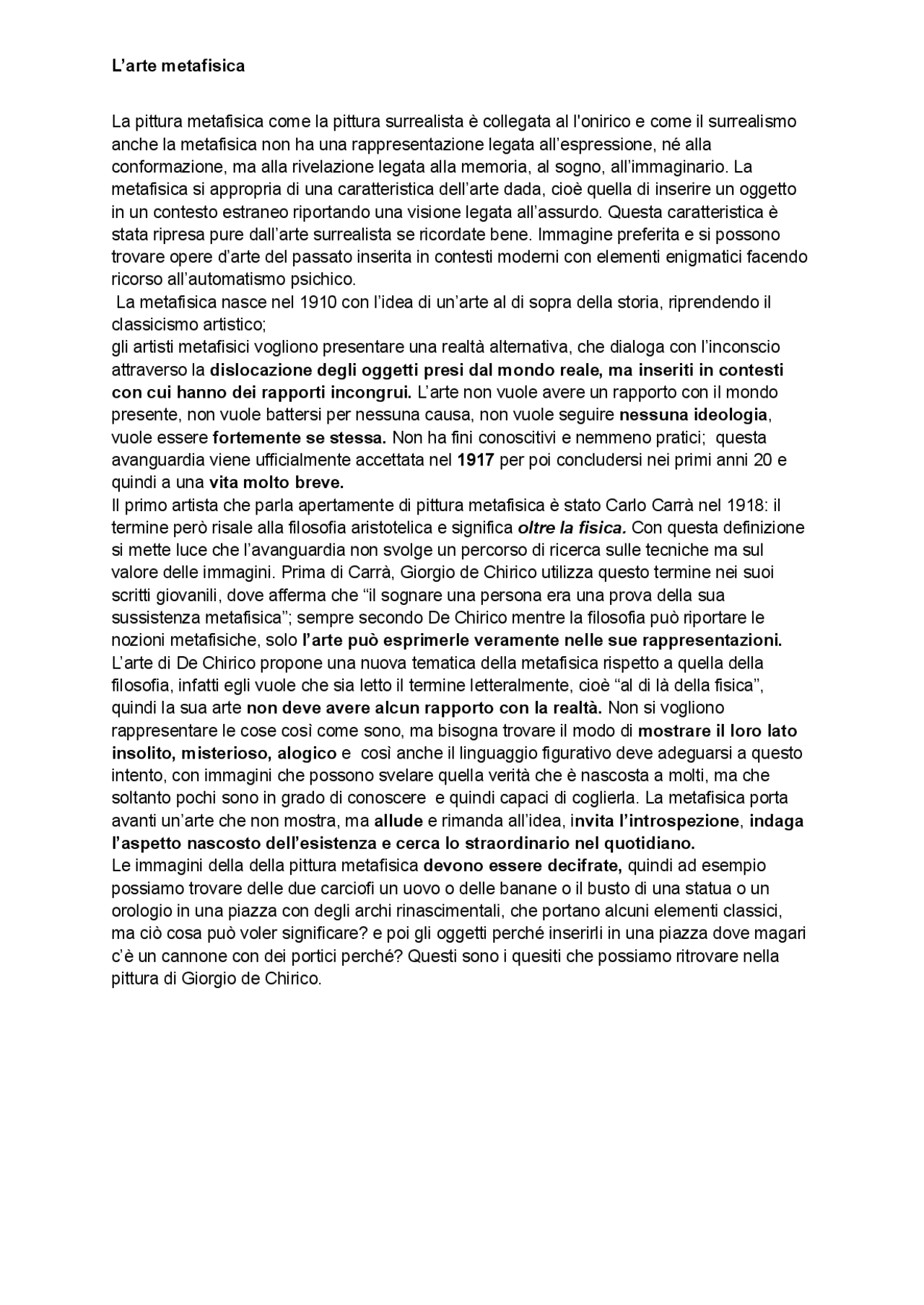 Riassunto Completo Arte Metafisica Docsity