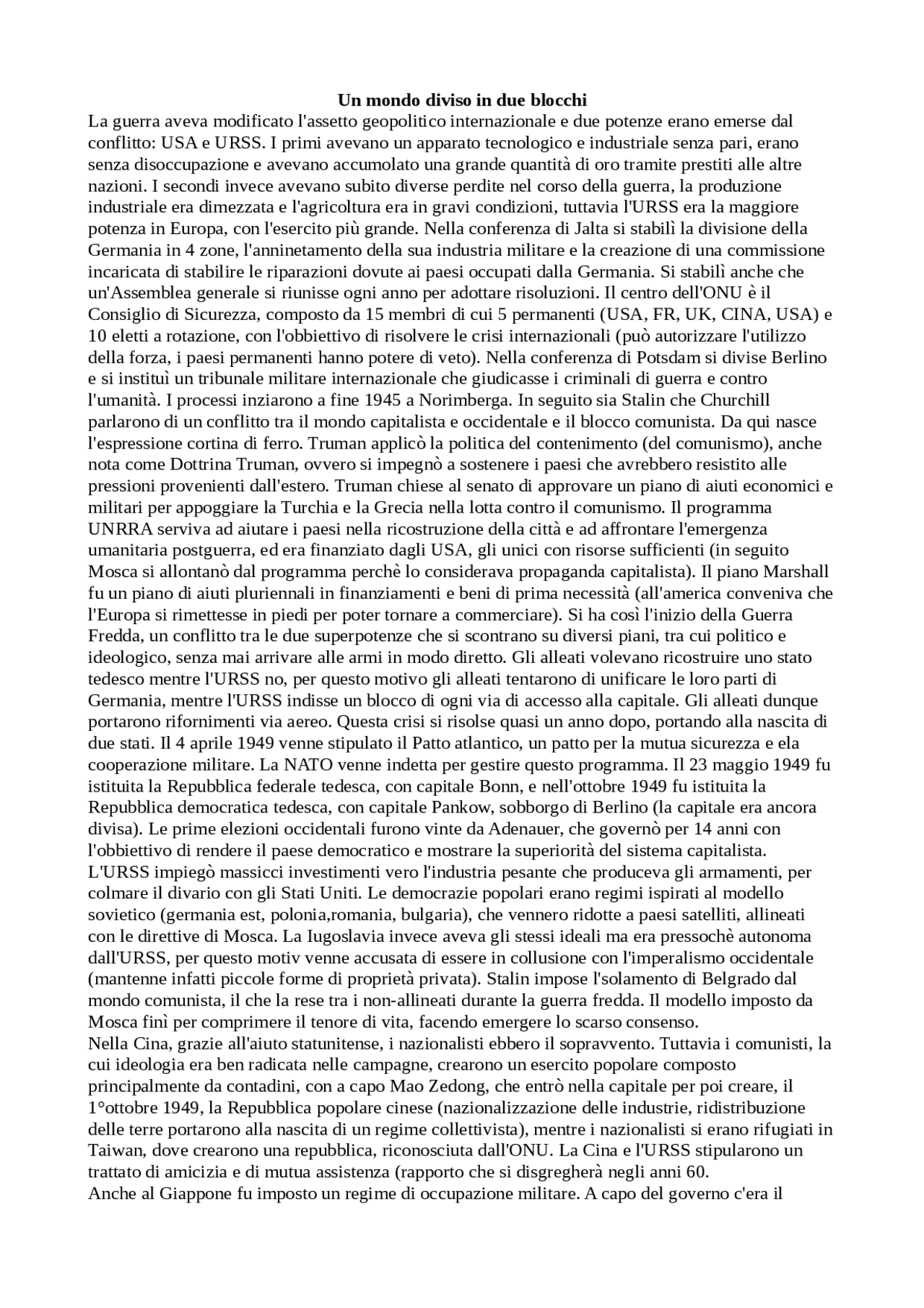 Riassunto Sul Secondo Dopoguerra Docsity