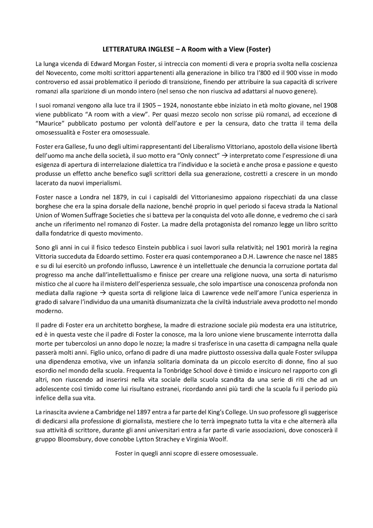 Appunti Su Edward Morgan Forster Appunti Di Letteratura Inglese Docsity
