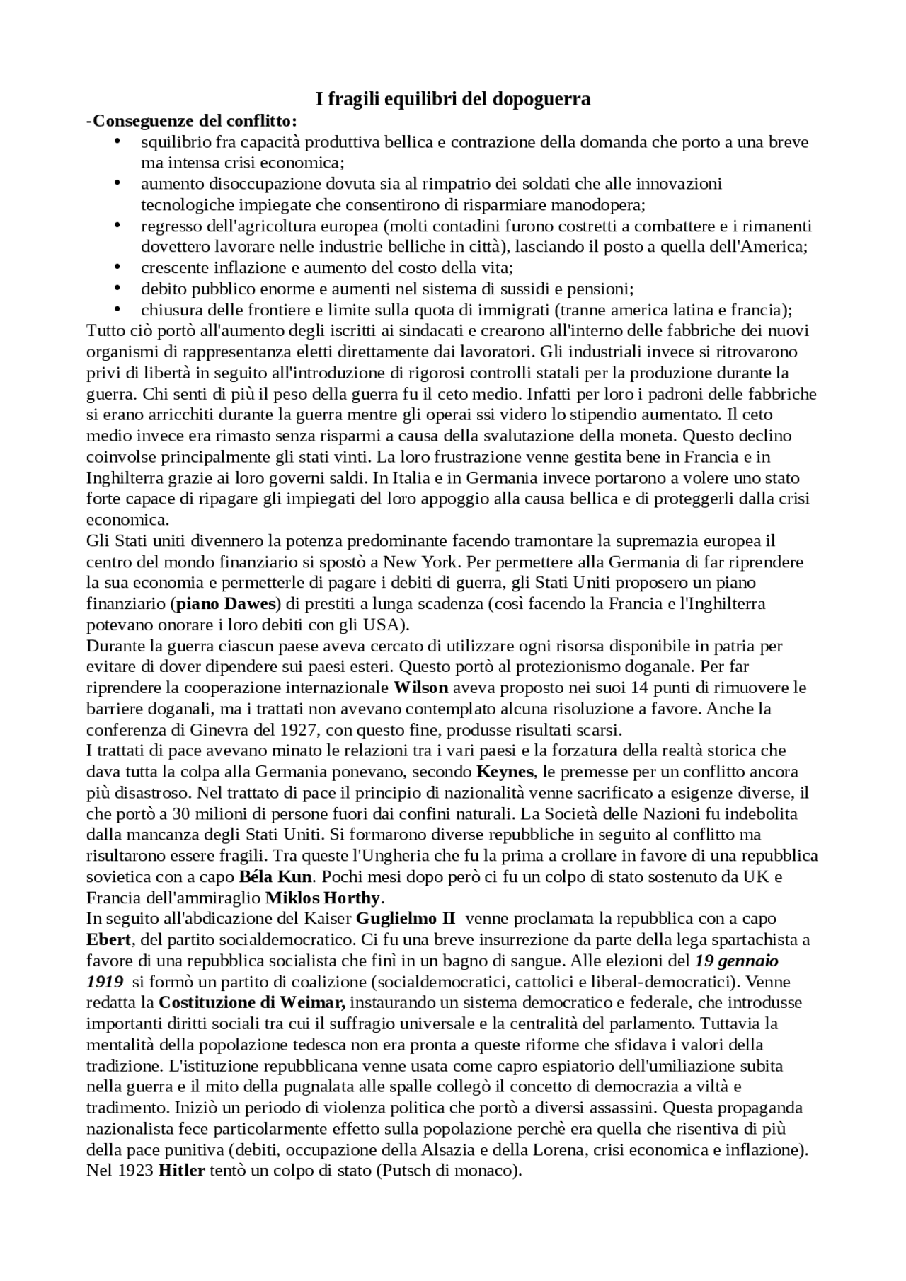 Riassunto Primo Dopoguerra Docsity