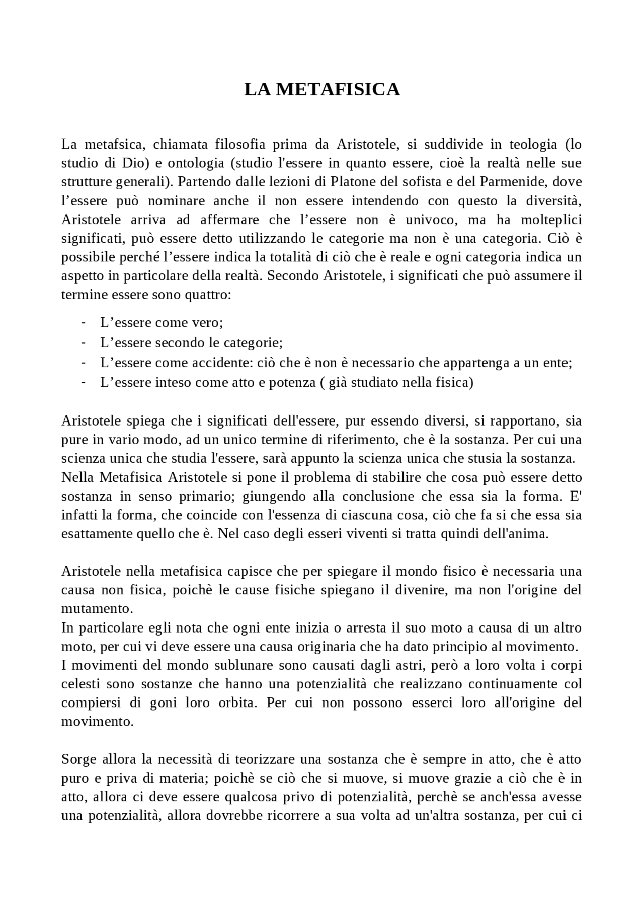 Aristotele La Metafisica Appunti Di Filosofia Docsity
