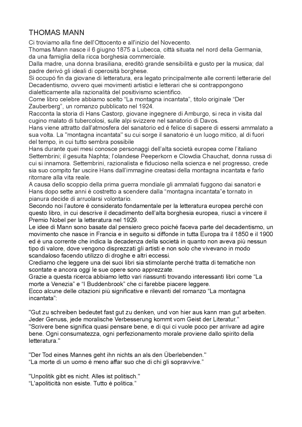 Scheda Su Thomas Mann Docsity