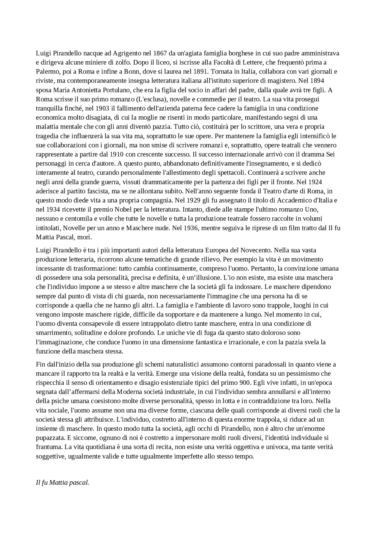 Luigi Pirandello Riassunto Docsity