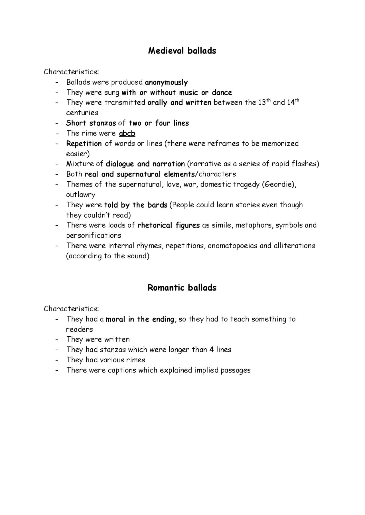 Medieval and romantic ballads - Docsity