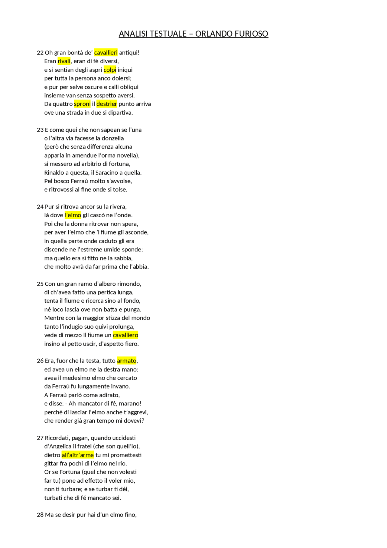 ANALISI OTTAVE 22-28 CANTO I ARIOSTO | Appunti di Italiano | Docsity