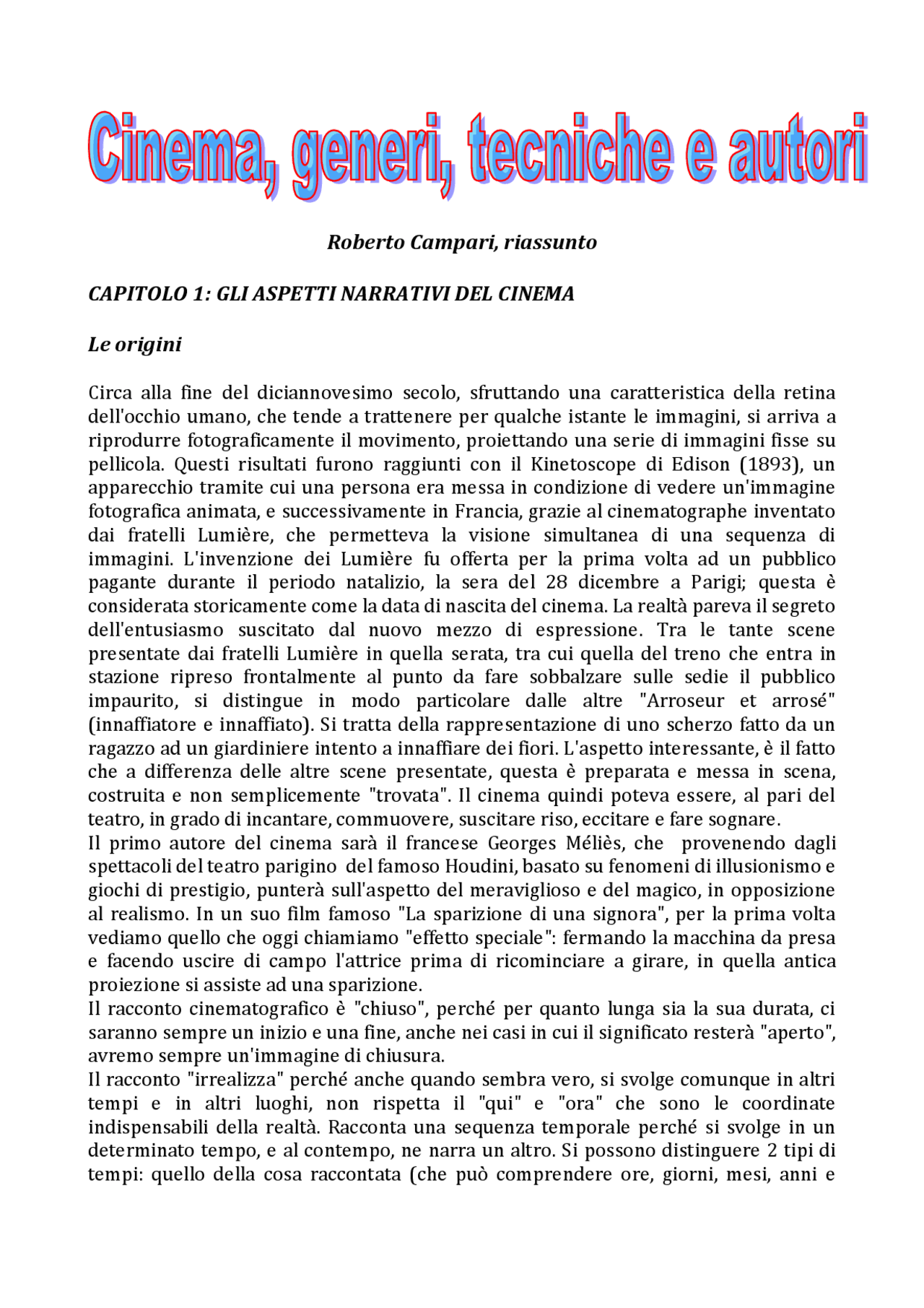 Cinema, generi, tecniche, autori di Roberto Campari - riassunto - Docsity