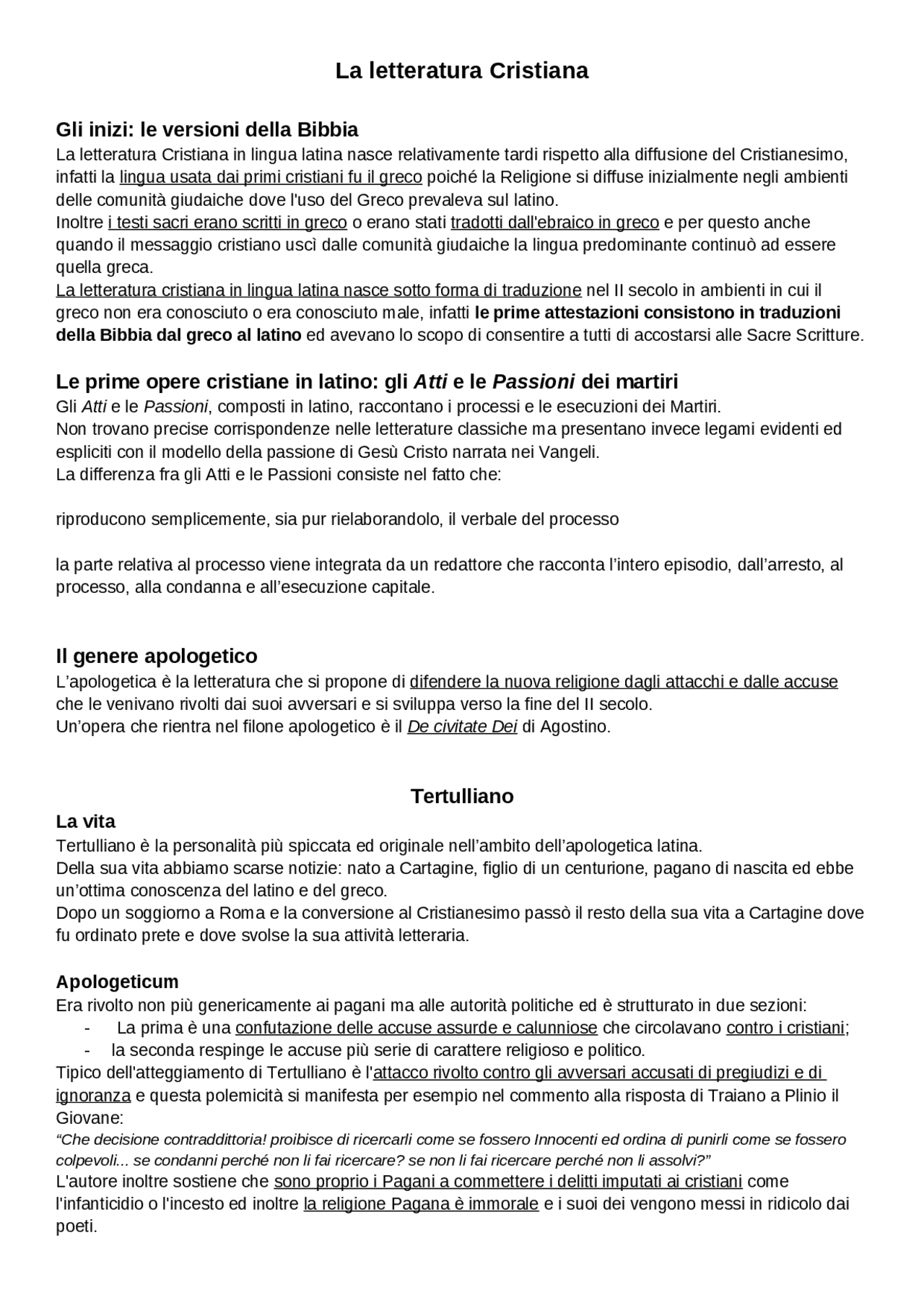 Riassunto sulla Letteratura cristiana e Tertulliano (Apologeticum ...